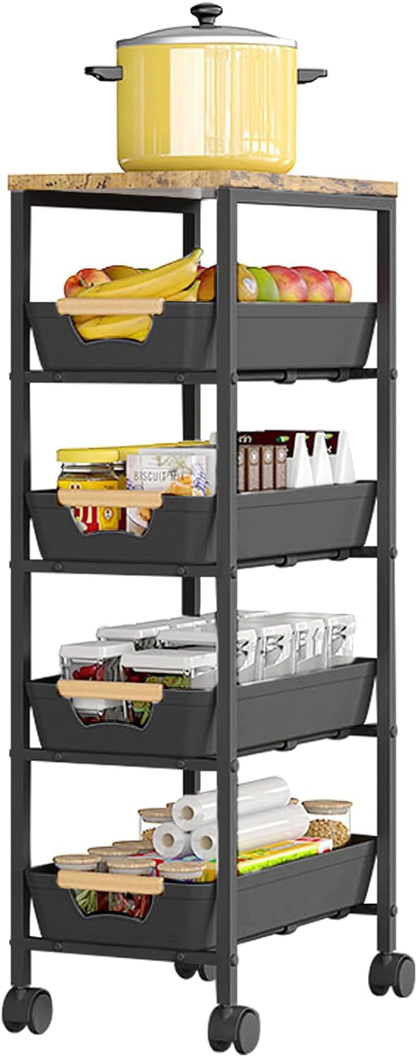 Rolling Storage Cart, 5-Tier Narrow Kitchen Storage Cart with Wooden ...