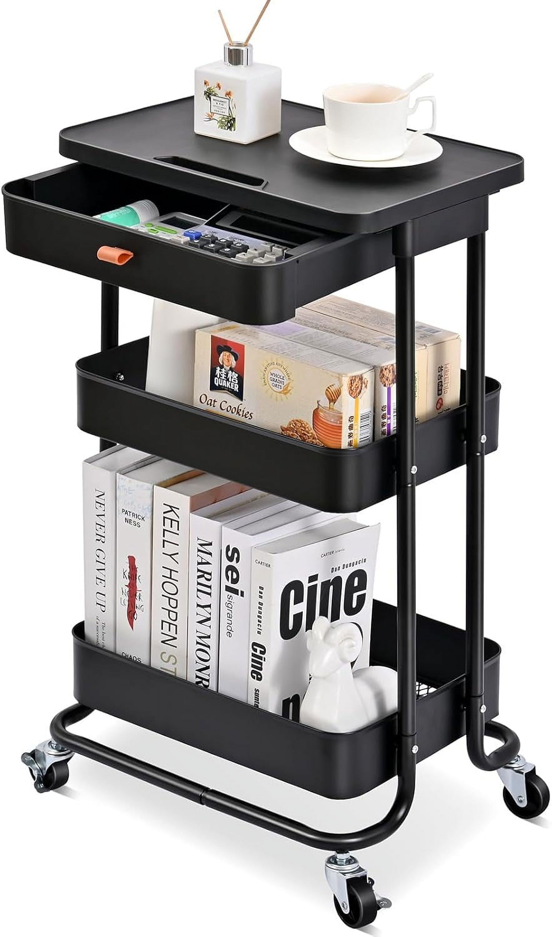 Rolling Storage Cart with Drawer & Table Top, 3 Tier Metal Rolling ...
