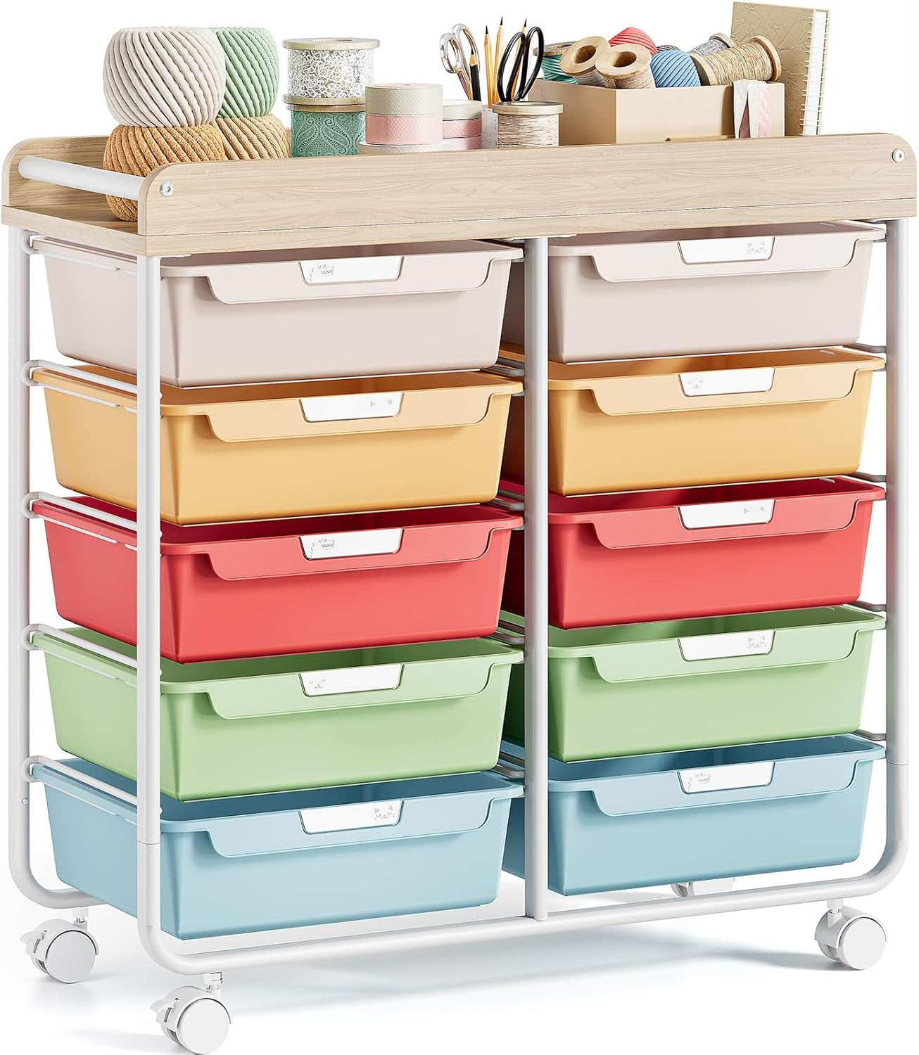 Rolling Storage Cart with Wooden TableTop, Utility Cart with 10 Large ...