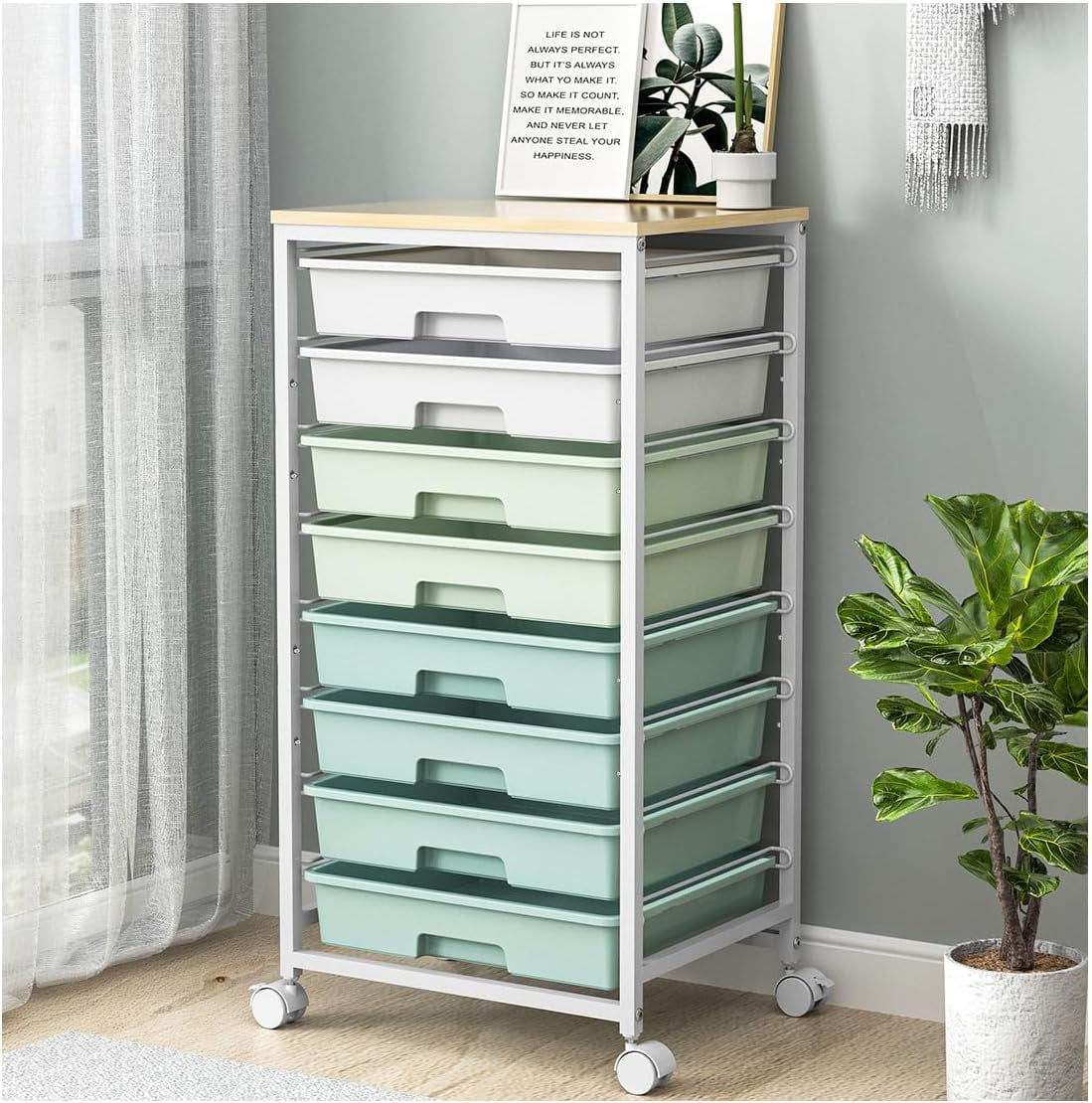 Utility Cart Organizers with 8 Drawers and Wooden Tabletop for Living ...