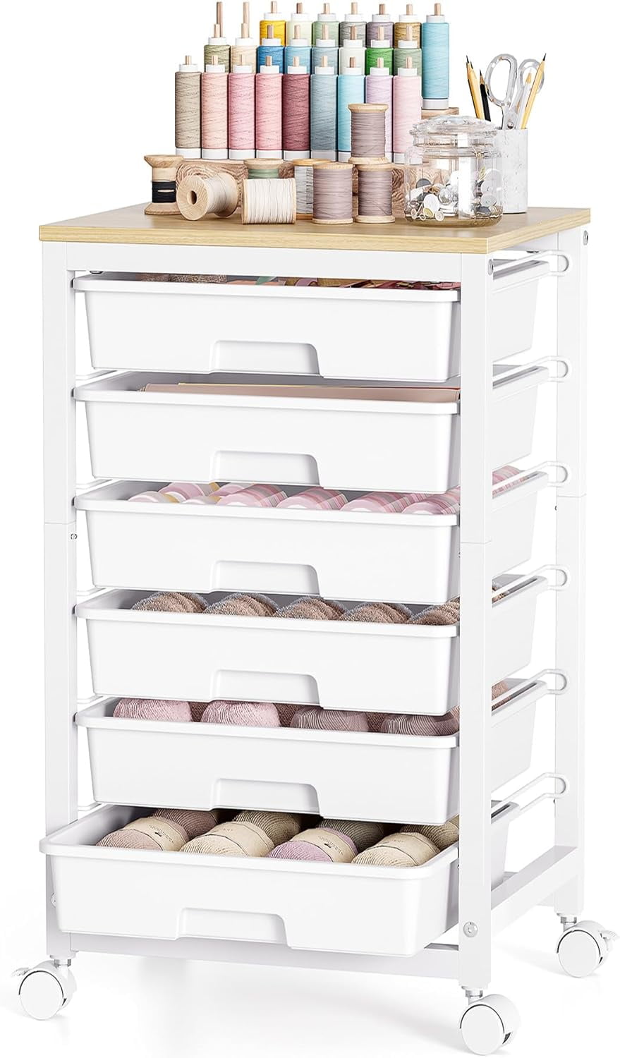Rolling Storage Utility Cart with 6 Drawers and Wooden Tabletop for ...