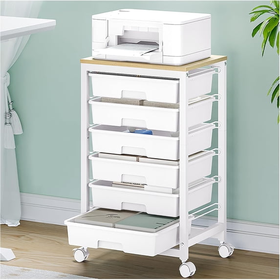 Rolling Storage Utility Cart with 6 Drawers and Wooden Tabletop for ...