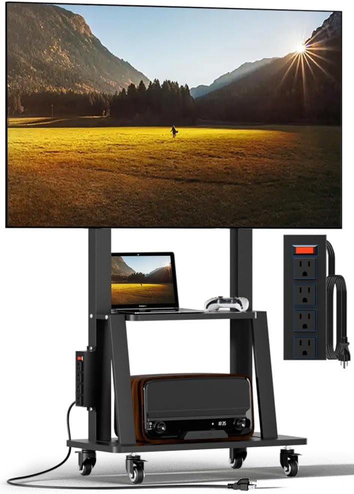 Rolling TV Stand with Power Outlet, Mobile TV Cart for 32-75 Inch TVs ...