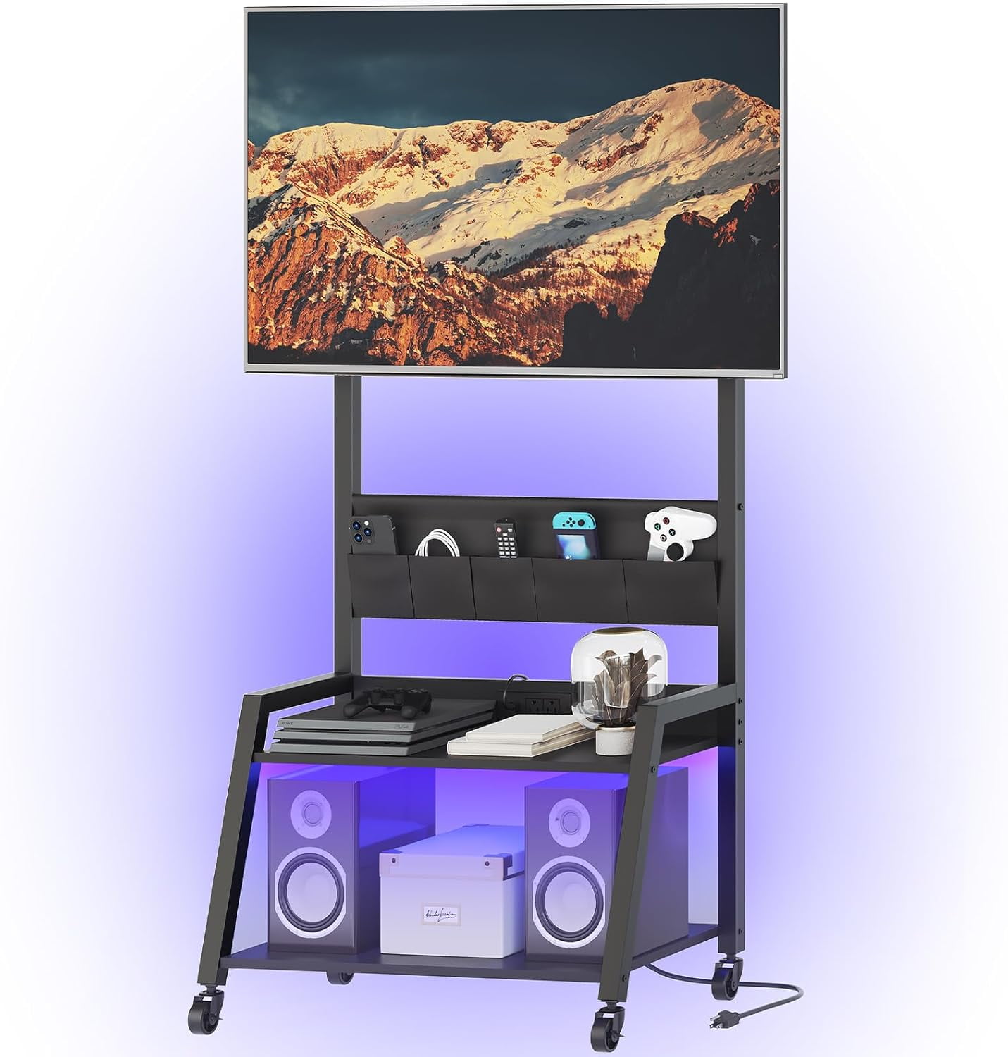 Rolling TV Stand with Power Outlet, Mobile TV Stand with LED Light Up ...