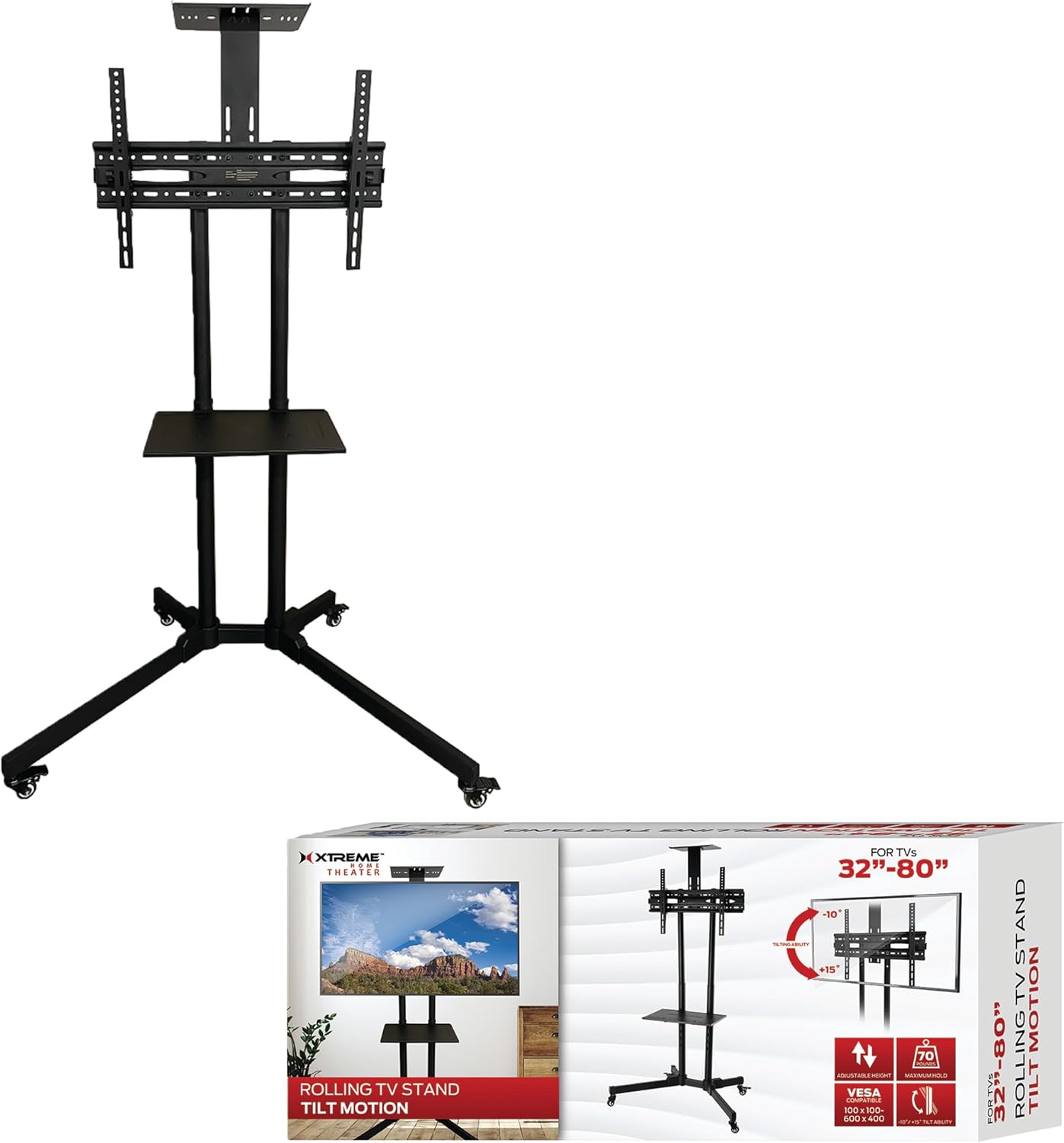 Rolling TV Stand, Television Sizes 32-70 inch, Adjustable Tilt, Wheels ...