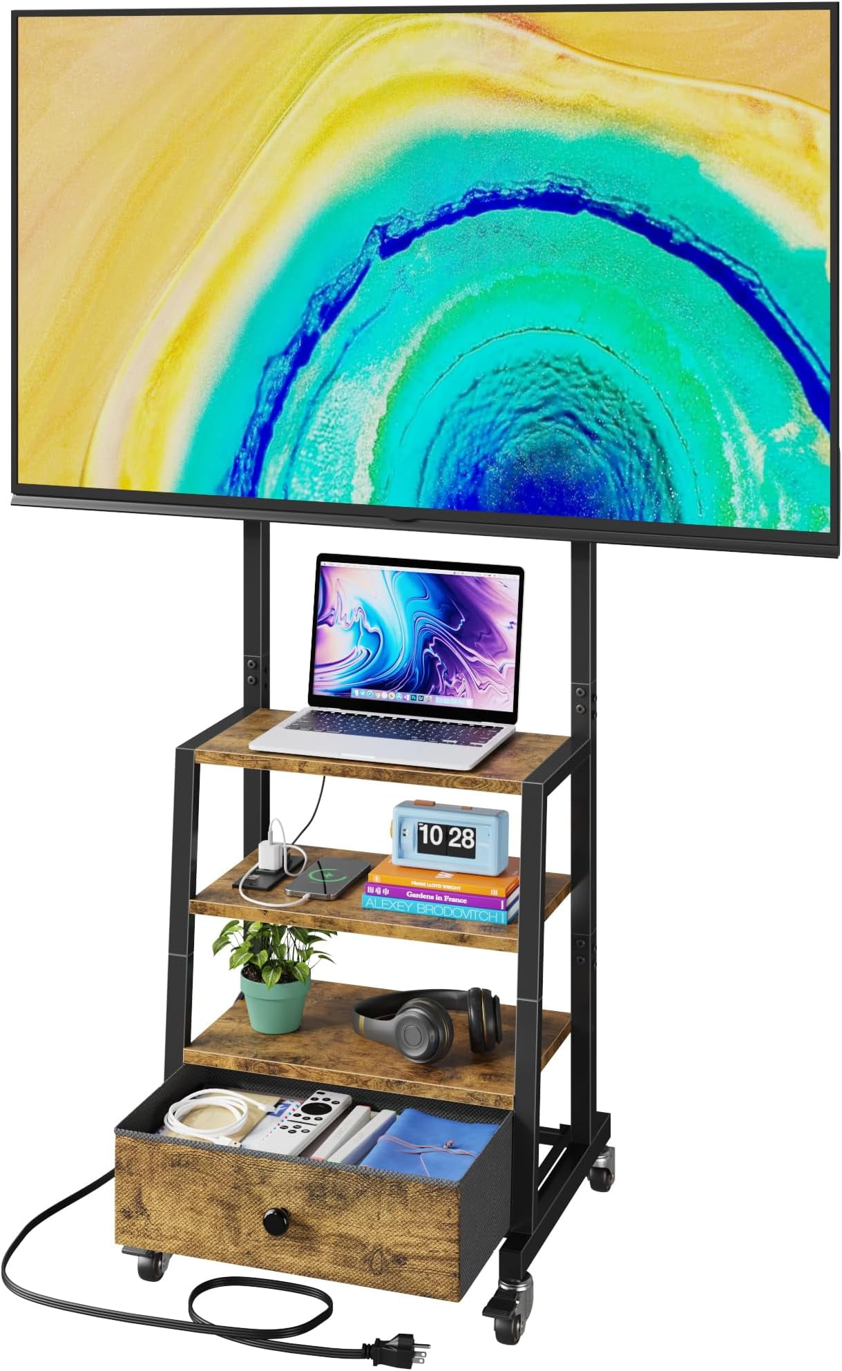Rolling TV Stand with Wheels and Mount & Fabric Drawer - Entertainment ...