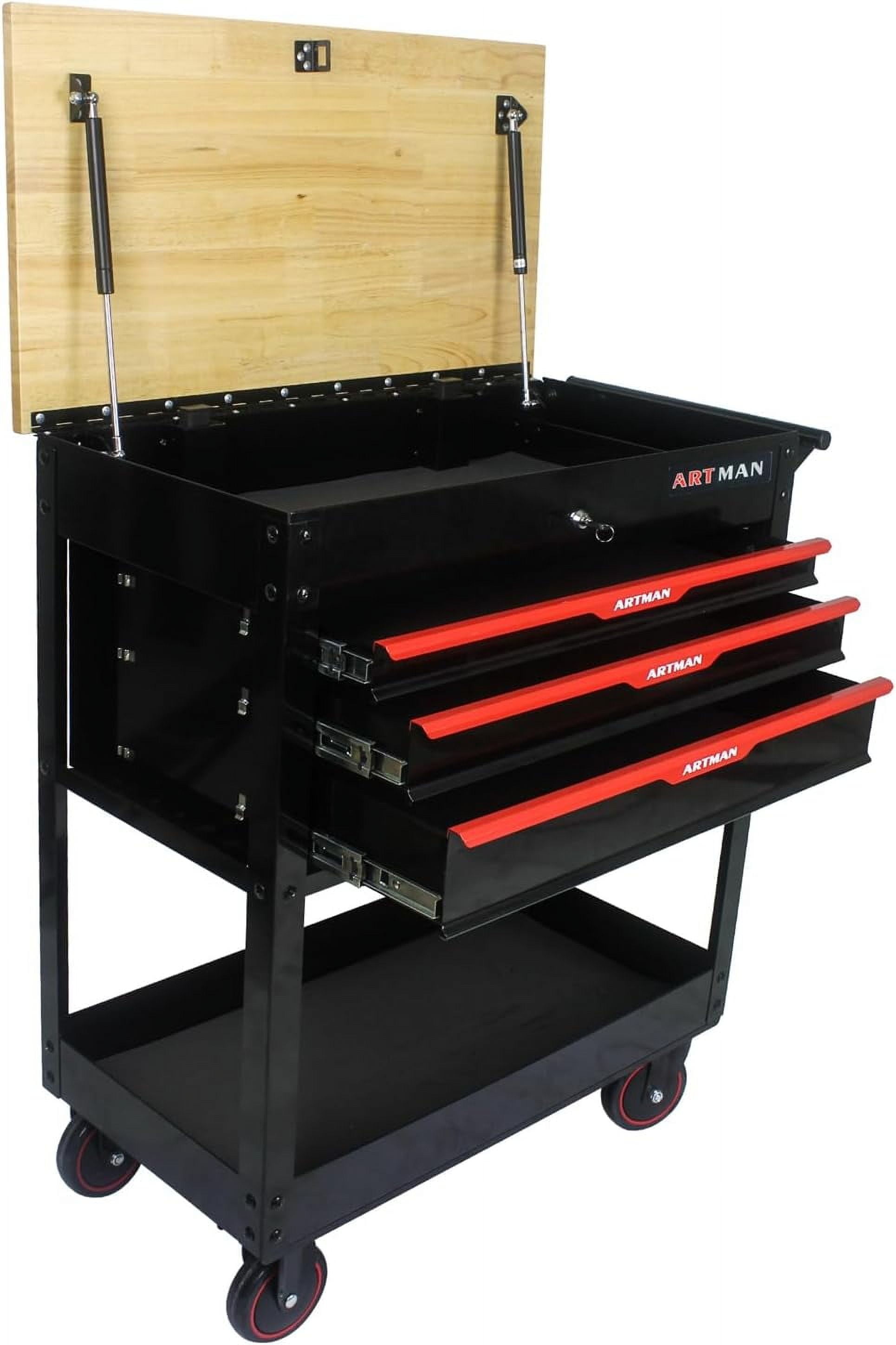 Rolling Tool Cart with 3-Drawer Utility Tool Box with Wheels Wood Top Mechanic Tool Storage ...