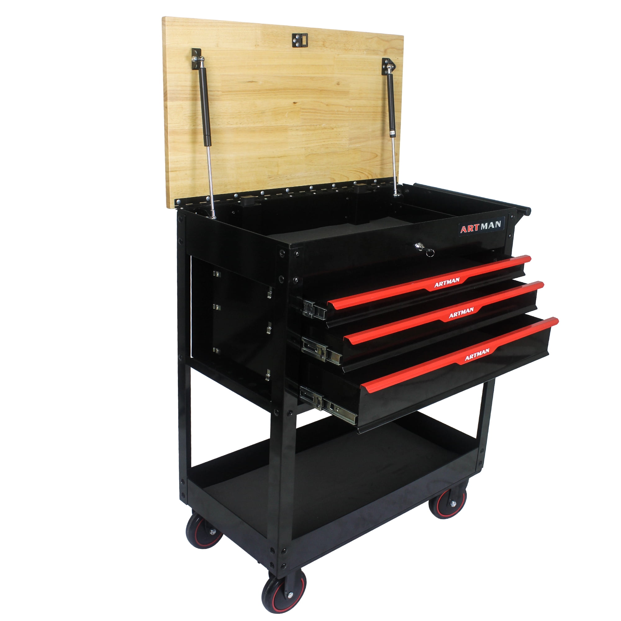 Rolling Tool Cart with 3-Drawer Utility Tool Box with Wheels Wood Top ...