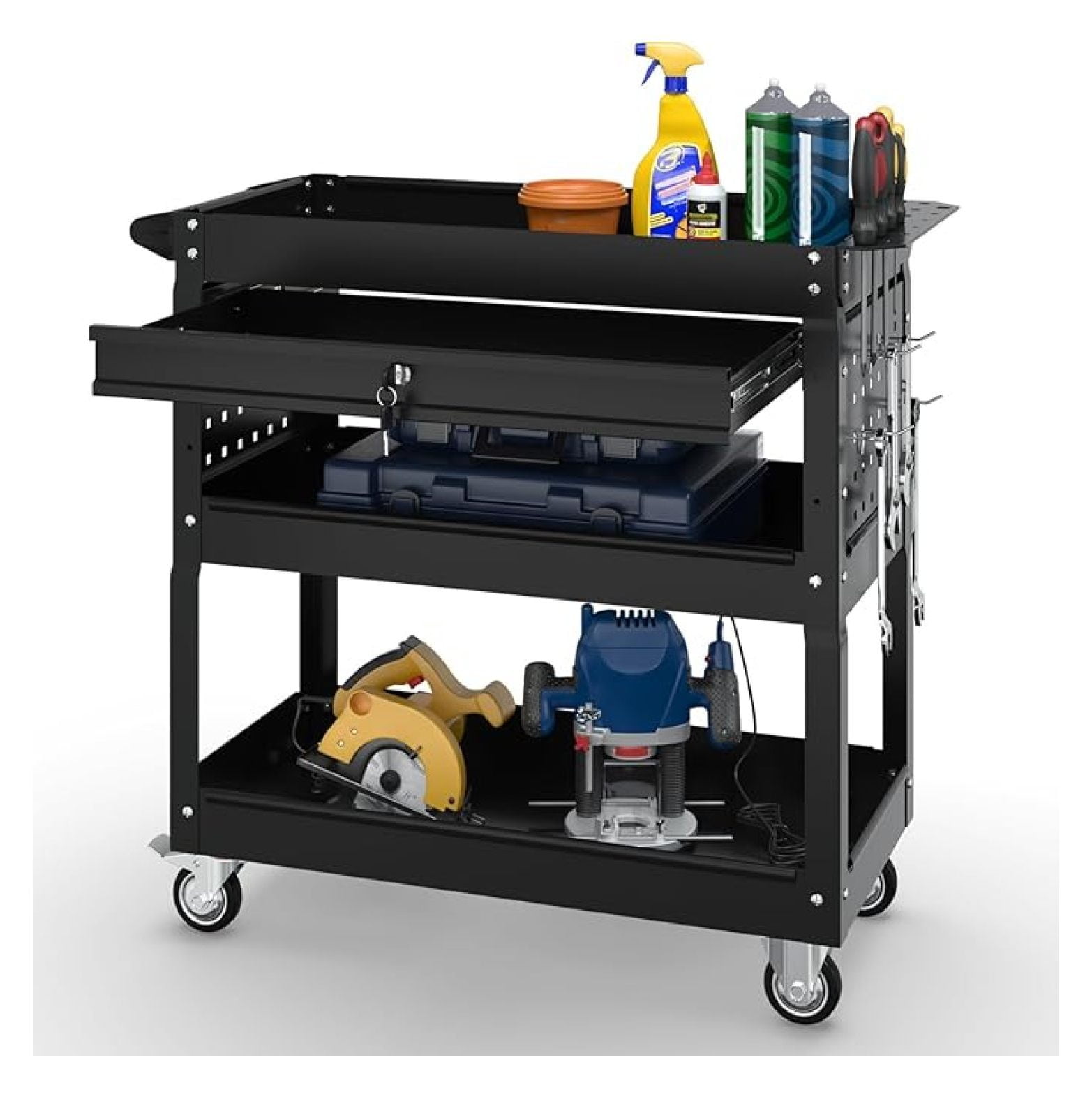 Rolling Tool Cart 3 Tier - Heavy Duty Metal Utility Cart with Locking ...