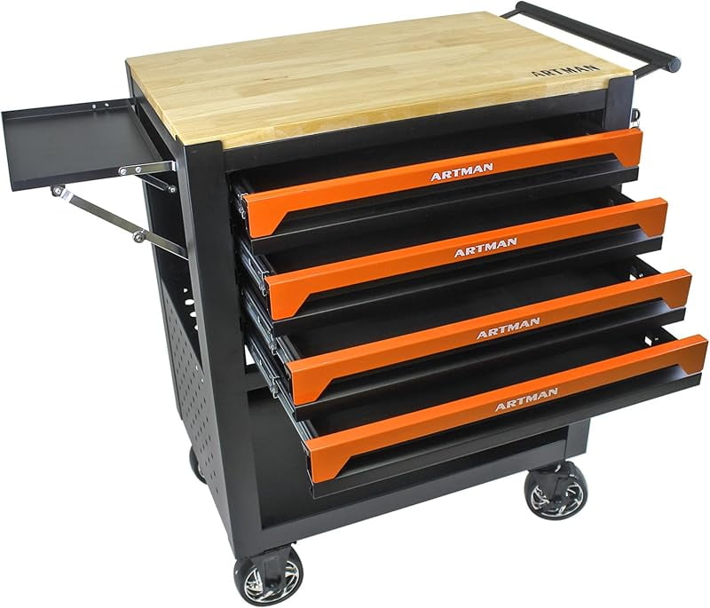 Rolling Tool Cart 4 Drawers Tool Box with Wheels, Wooden Top Tool Boxes ...