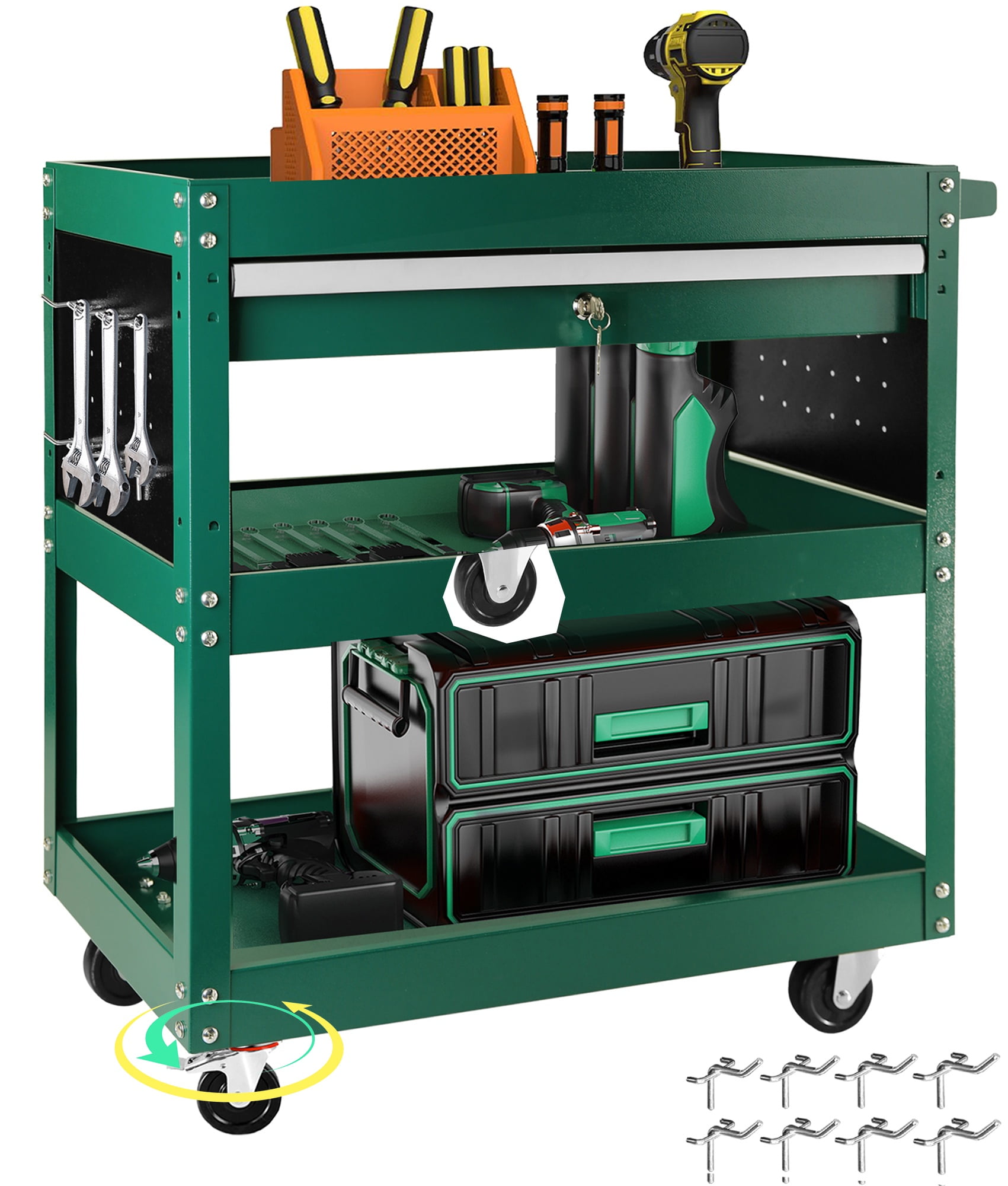 Seizeen Heavy Duty Rolling Tool Cart with 3 Tray, 1 Drawer, 1 Side Rack ...