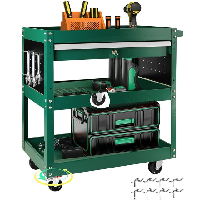 Seizeen Heavy Duty Rolling Tool Cart with 3 Tray, 1 Drawer, 1 Side Rack ...