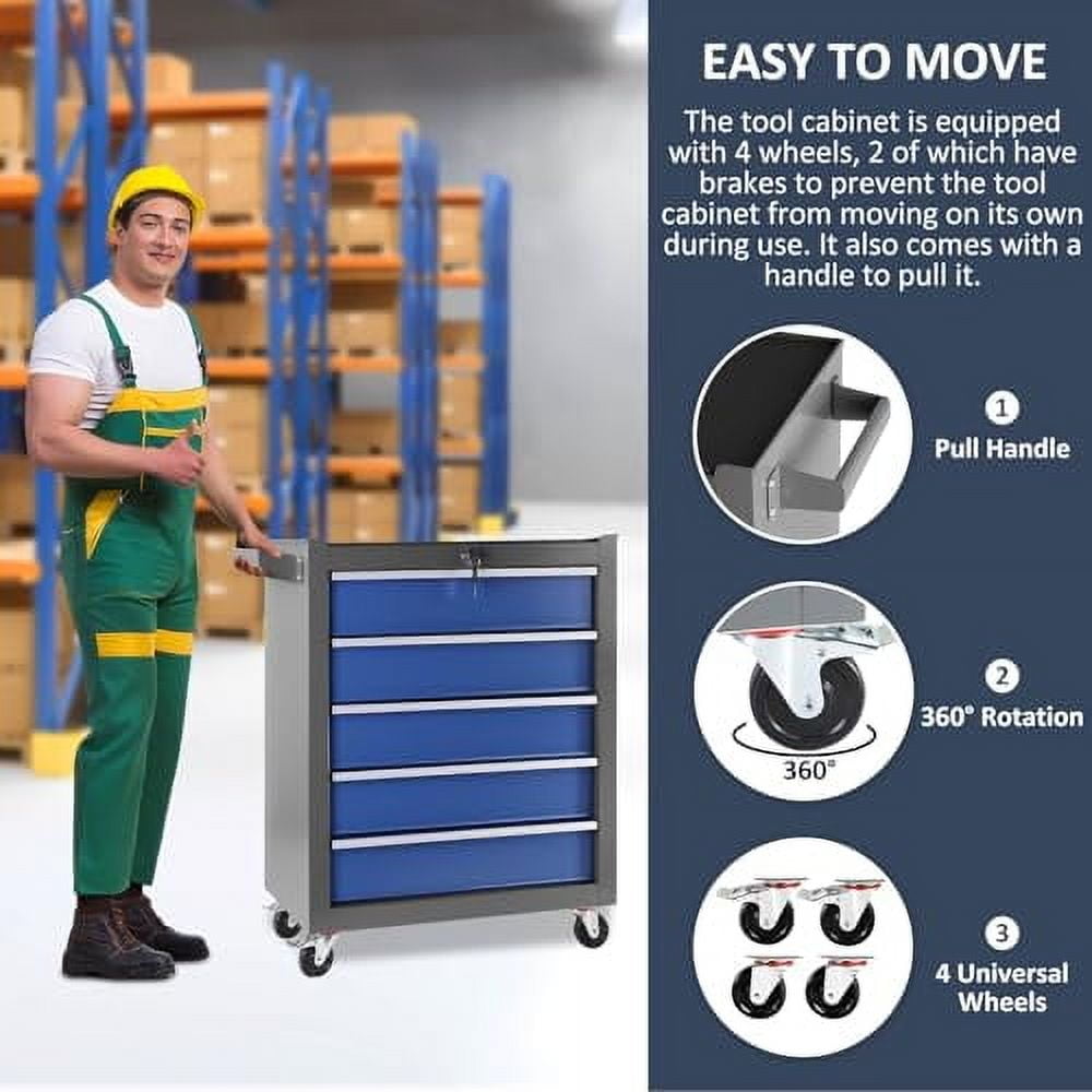 Rolling Tool Chest, 5-Drawer Multifunctional Tool Chest with Wheels & Keyed Locking System ...