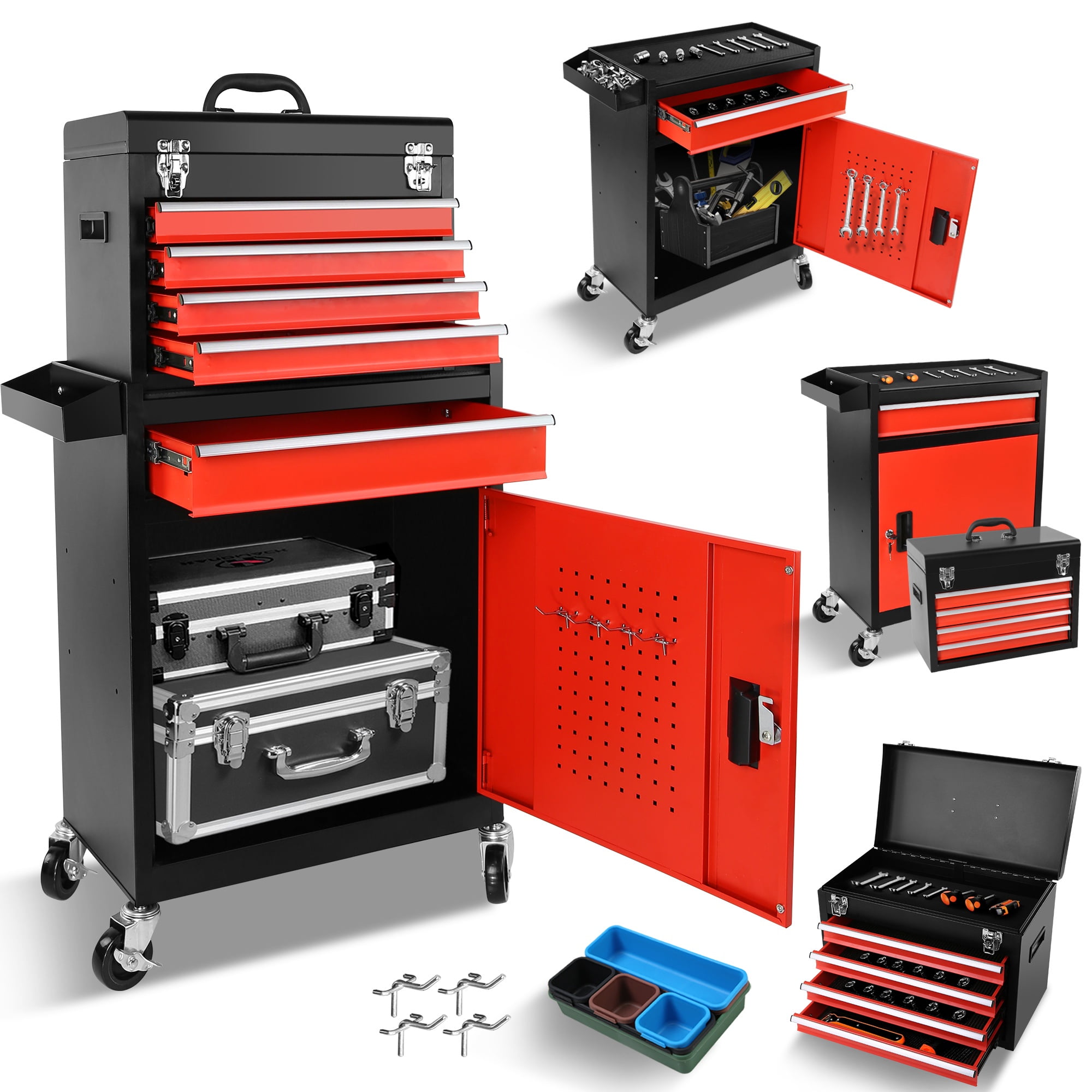 Seizeen 2-IN-1 Mobile Rolling Tool Chest, 8 Drawers, Large Capacity, Portable, Lockable, Red ...