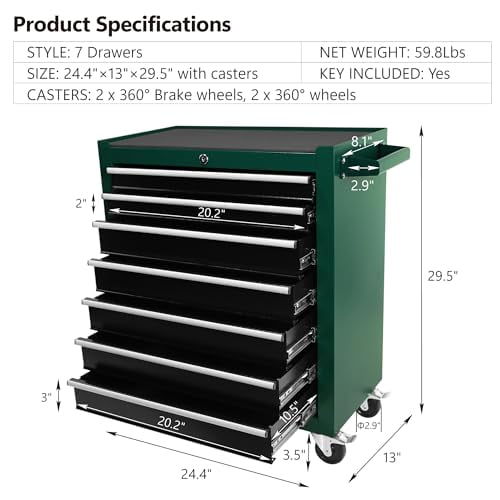 Rolling Tool Chest, 7-Drawer Steel Tool Box Organizer w/Lockable Wheels & Sliding Drawers ...