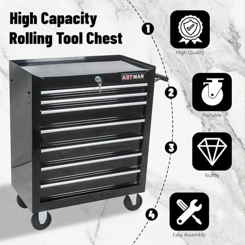 Rolling Tool Chest with 7 Drawers, Sturdy Tool Box Multifunctional Mechanic Tool Storage Cabinet ...