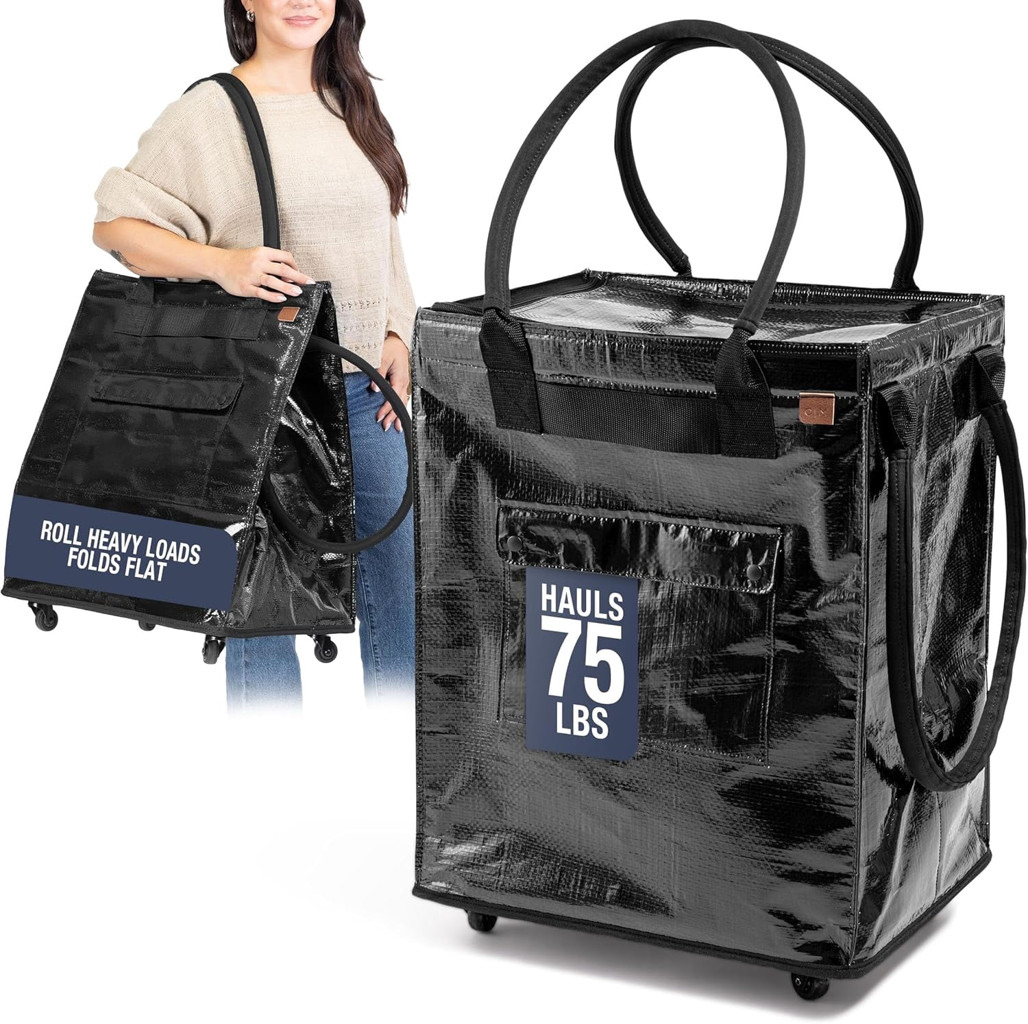 Rolling Tote Bag, 90L Collapsible Portable Shopping Cart with Wheels ...