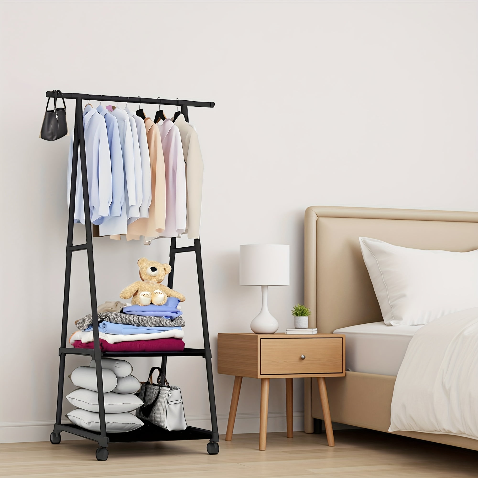 Rolling Triangle Clothes Rack with Wheels - Double Layer Metal Storage ...