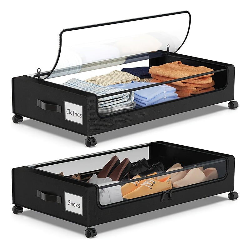 Rolling Under Bed Storage Boxes Set of 2 – Extra Deep Fabric Containers with See-Through Lids ...