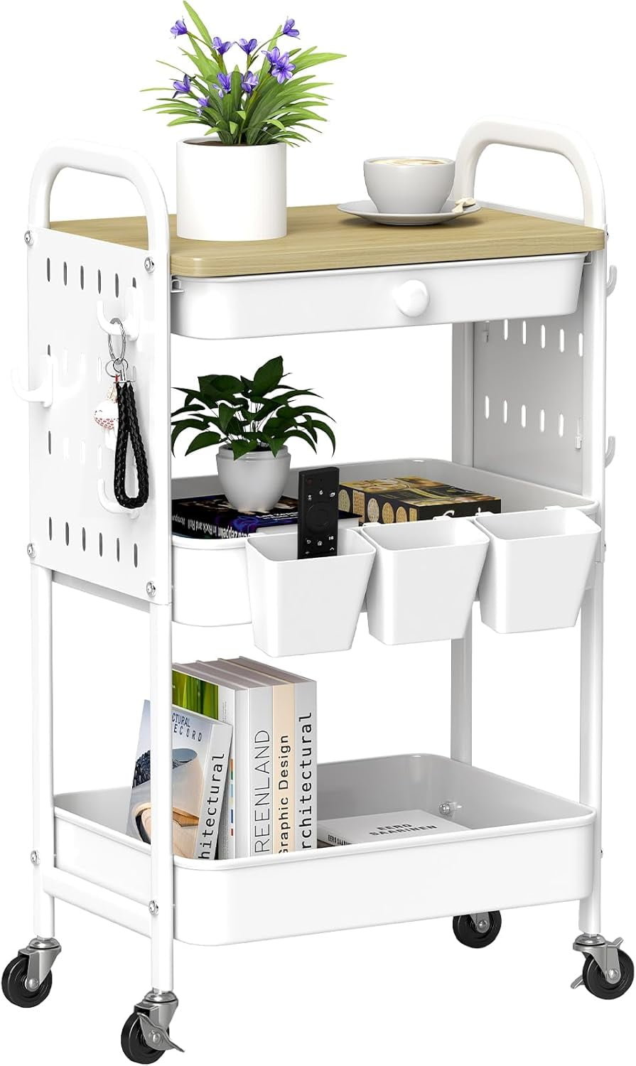 Rolling Utility Cart with Drawer, 3 Tier Rolling Cart with Wheels ...