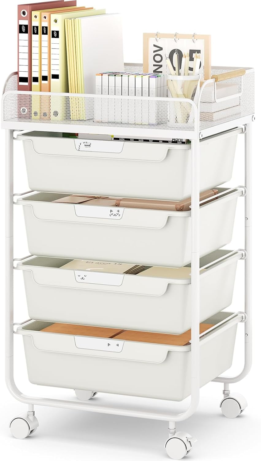 Rolling Utility Storage Cart with 4 Drawers - 4 Tiers Rolling Cart ...