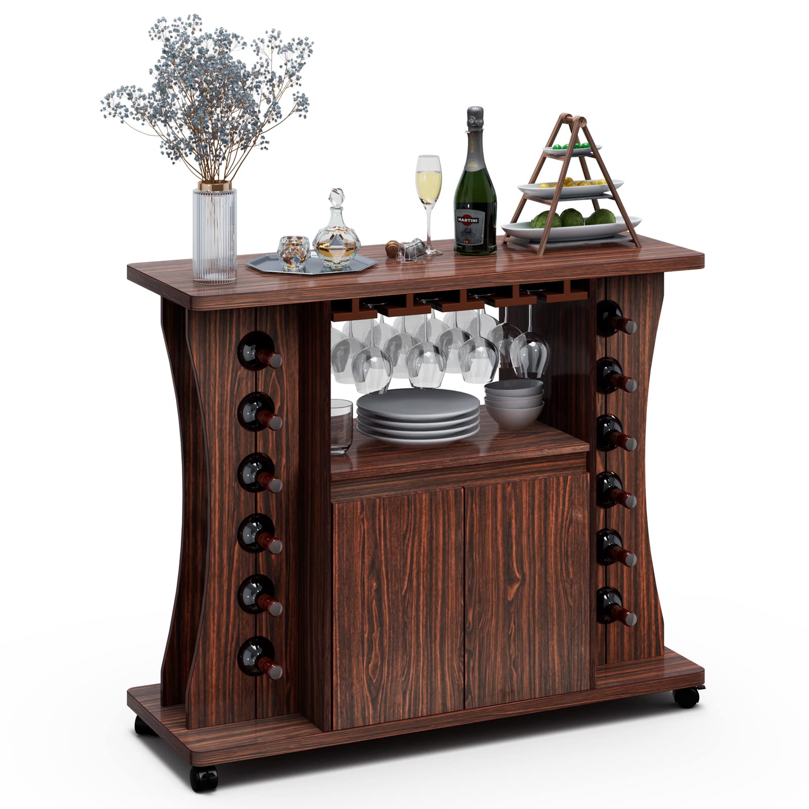 Rolling Wine Bar Cabinet, Liquor Storage Trolley Cart w/ 12 Bottles ...