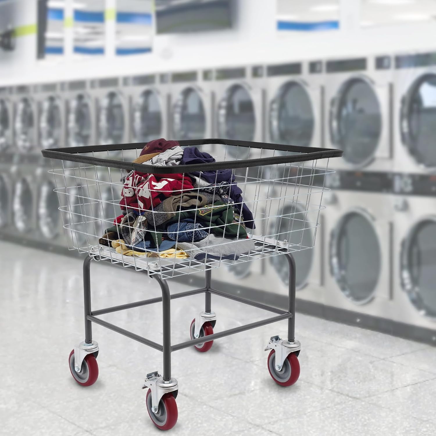 Rolling Wire Laundry Basket with Wheels Wire Laundry Cart Metal Garment ...