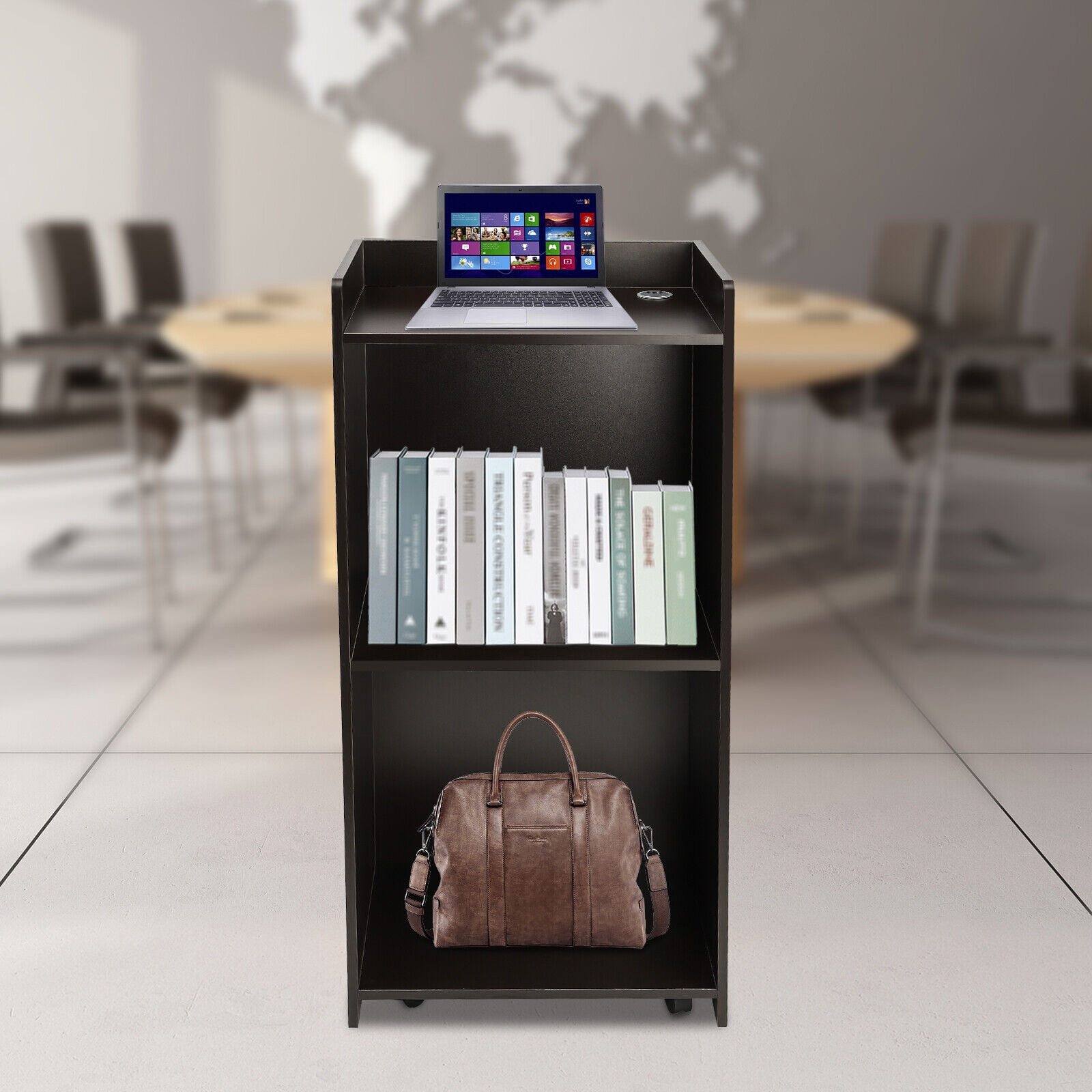 Rolling Wood Podium Portable Podium Stand with 4 Rolling Wheels 2 Tier ...