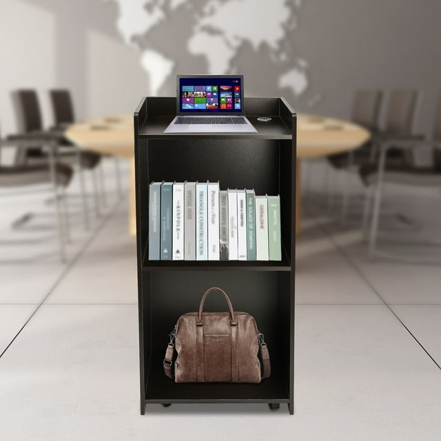 Rolling Wood Podium Portable Podium Stand with 4 Rolling Wheels 2 Tier ...