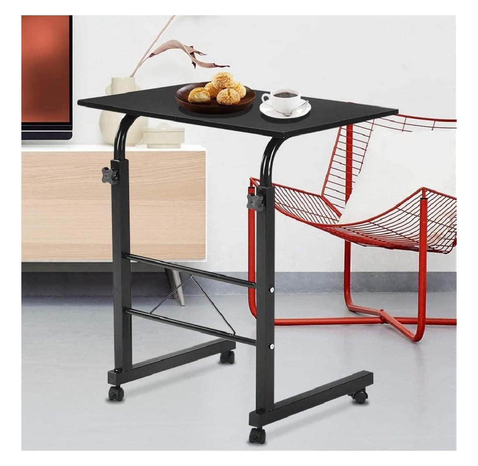 Rolling Wood TV Tray Table Adjustable Magazine Snack Table on Wheels ...