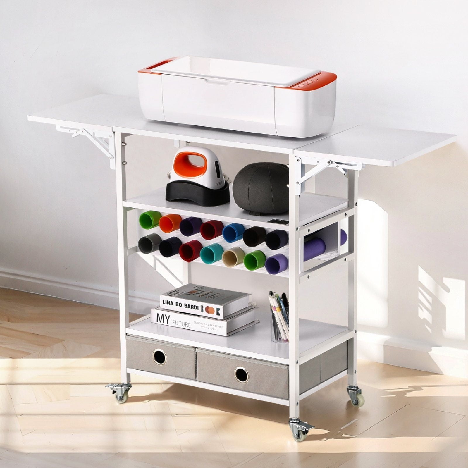 Rolling craft cart with 14 vinyl roll racks, 2 foldable drawer storage ...