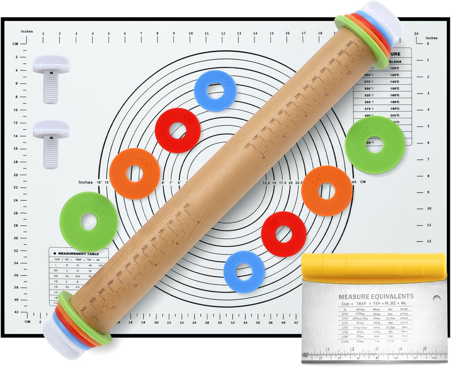 Rolling pin 3-Piece Set, 17.5" Rolling Pin with Adjustable Thickness ...