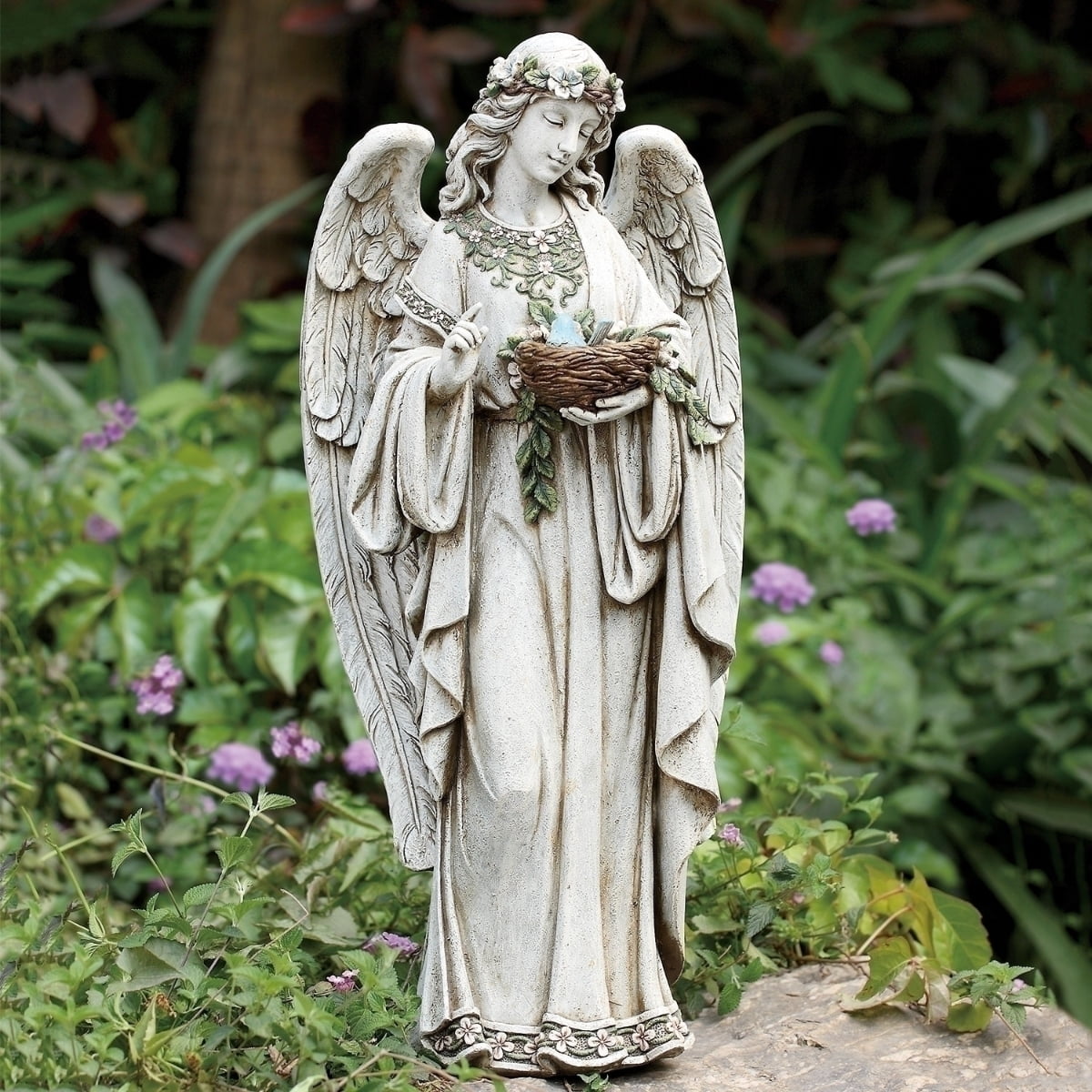 Roman Large 24" Resin Stone Angel Holding Bird's Nest Outdoor Garden ...