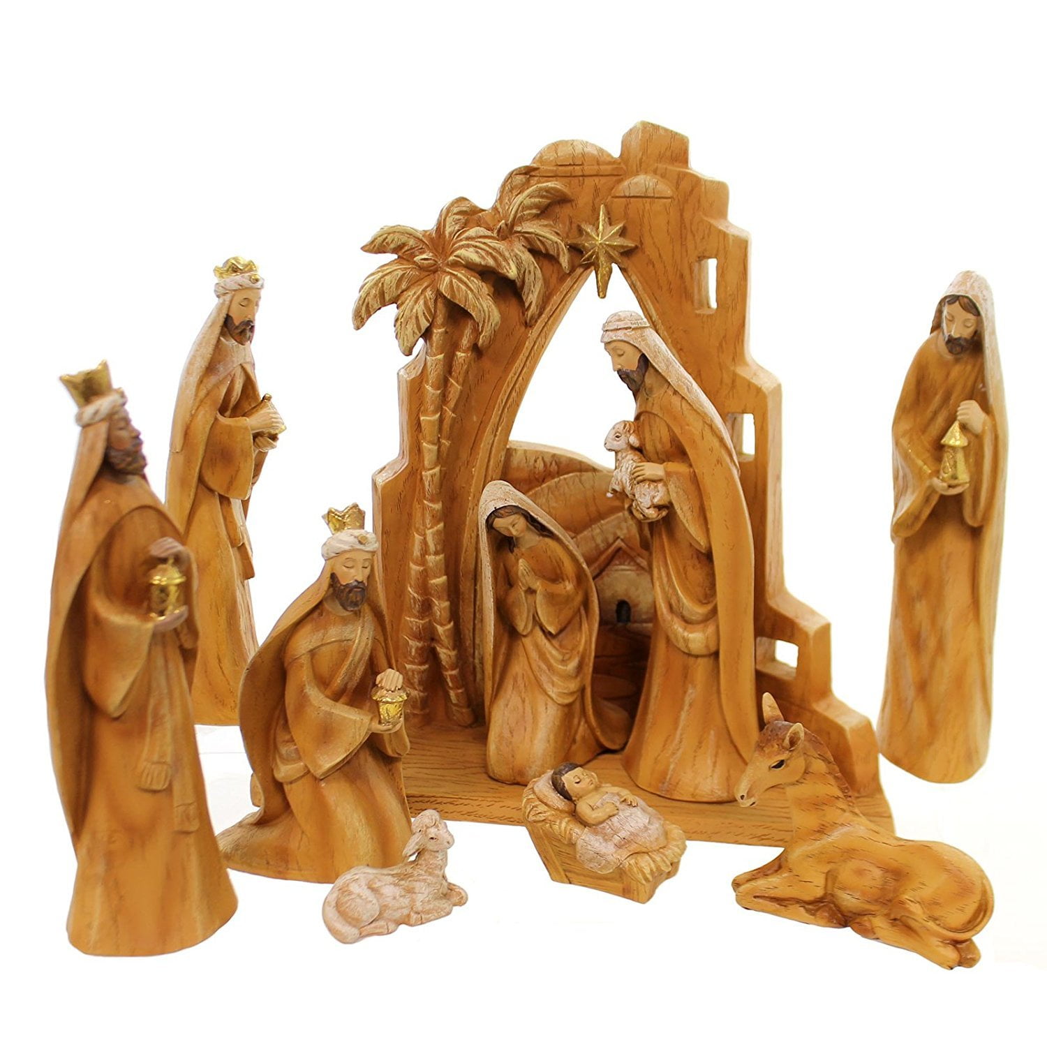 Roman 31378 9pc SET 12" Carved Nativity with Scene Back Drop, Faux Wood ...