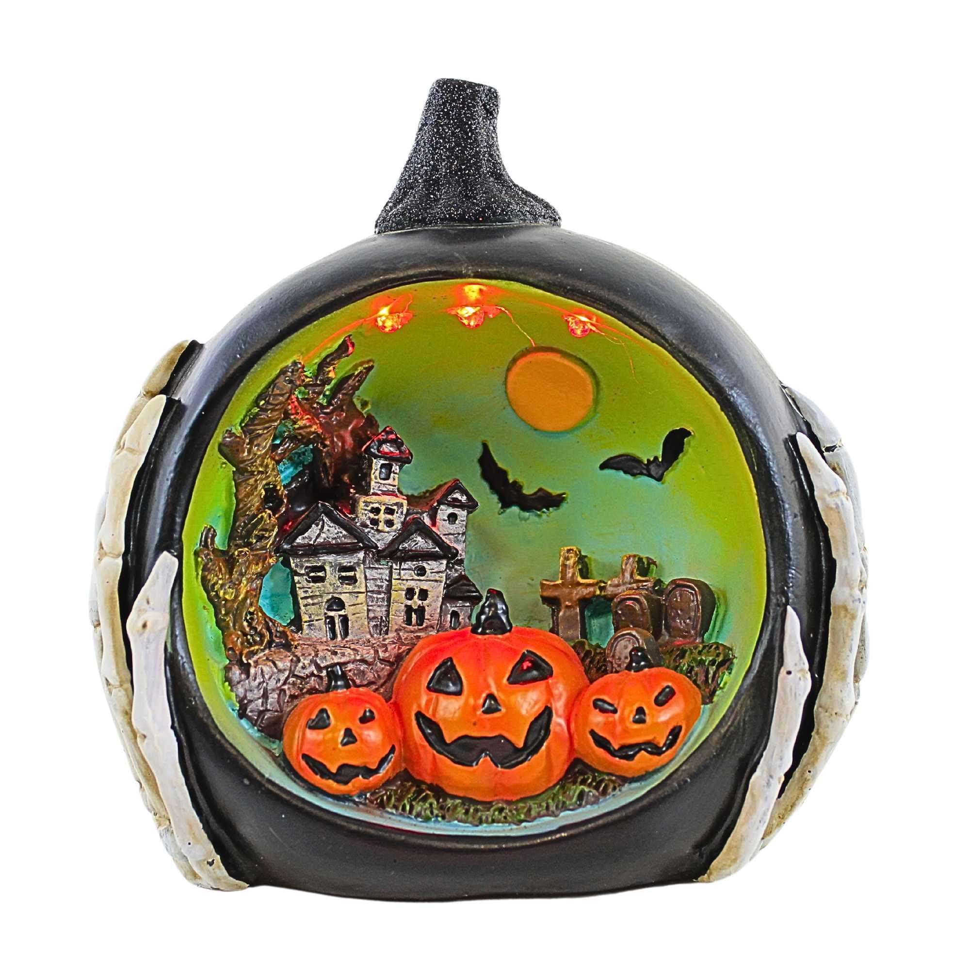 Roman 7.00In Lighted Black Pumpkin, Polyresin, Bones Haunted House ...