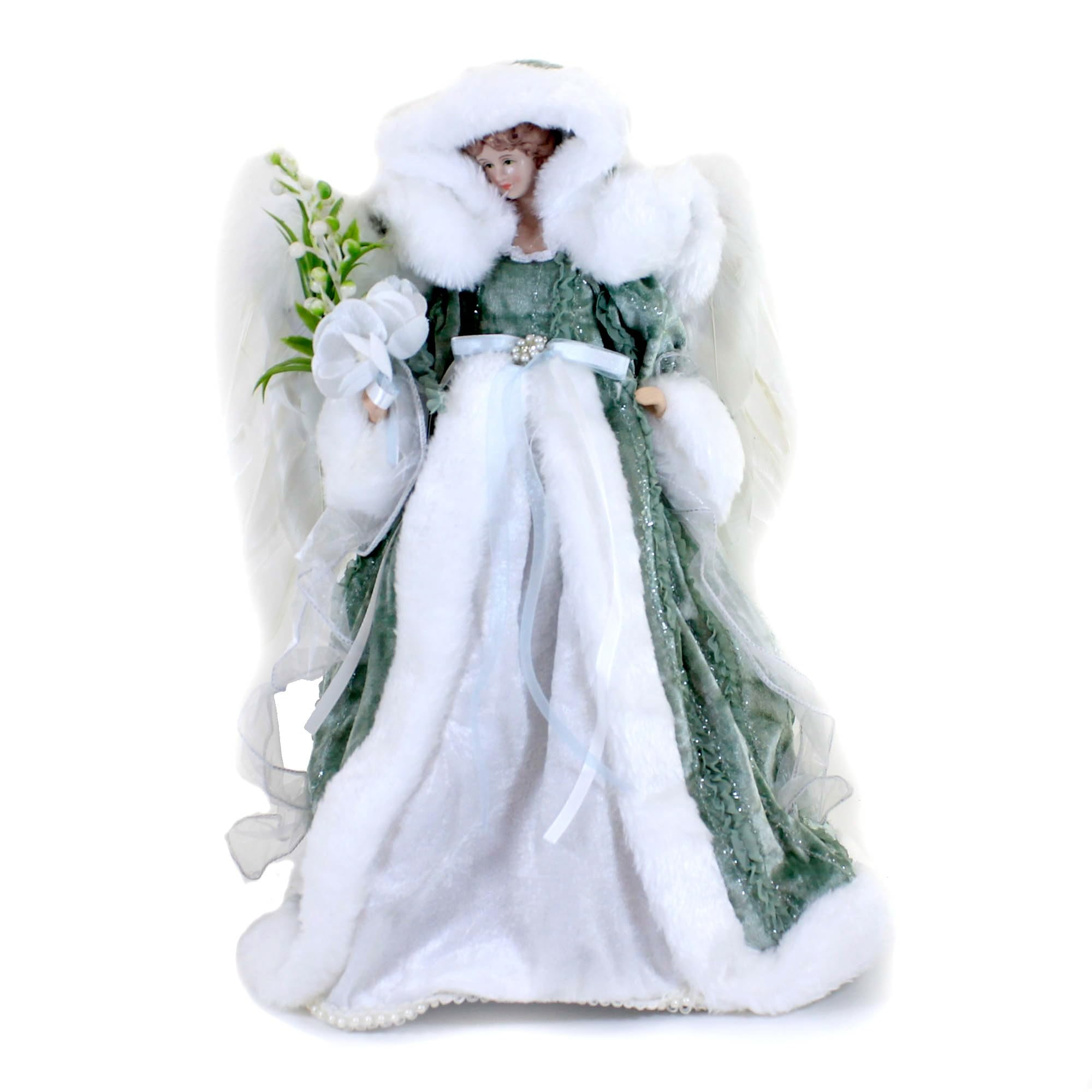 Roman Angel Tree Topper with Velvet Dress, Green, White, 16-inch Height ...