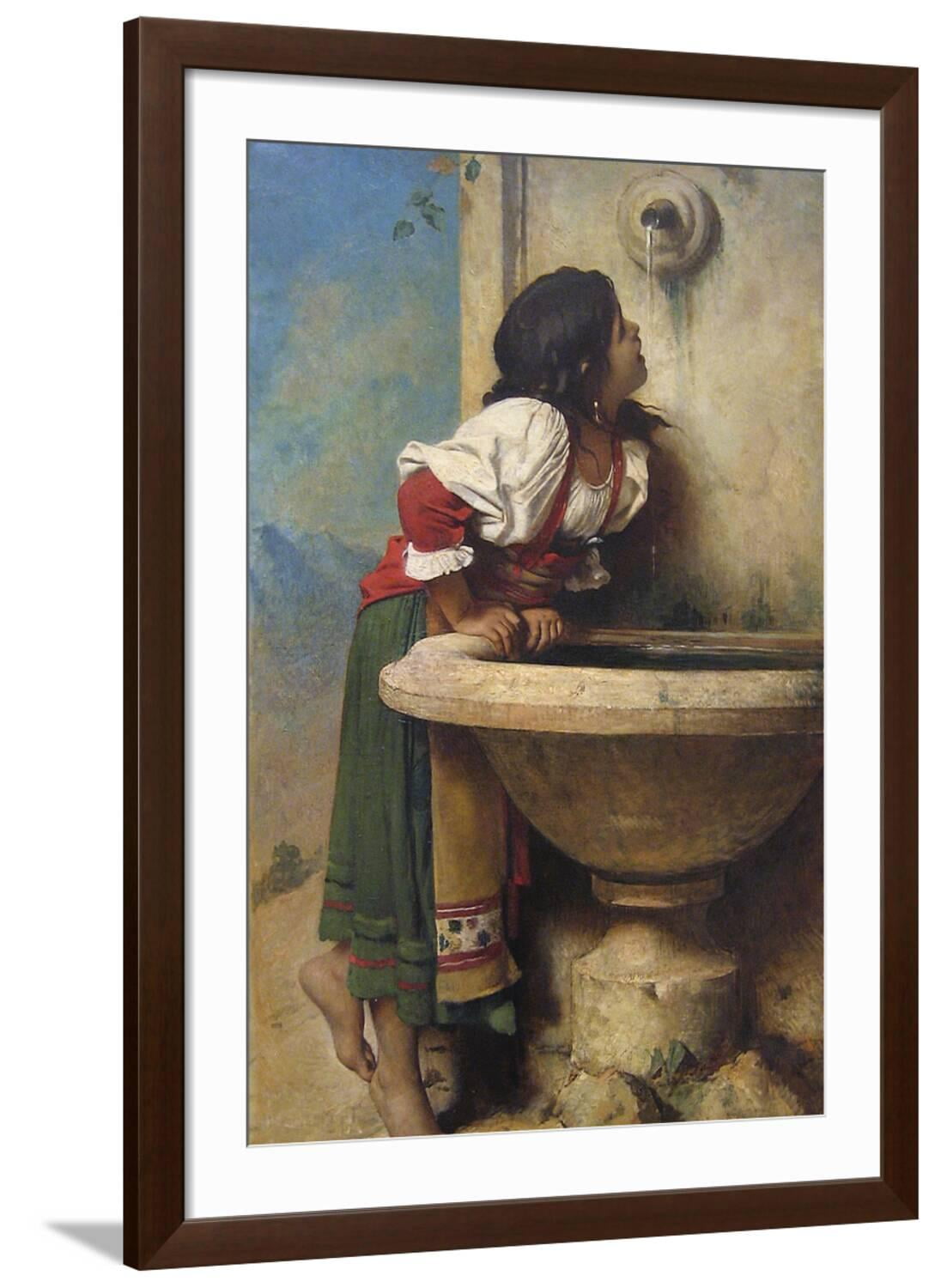 Art.com Roman Girl at a Fountain Art Print by Leon Bonnat, Brown Frame ...