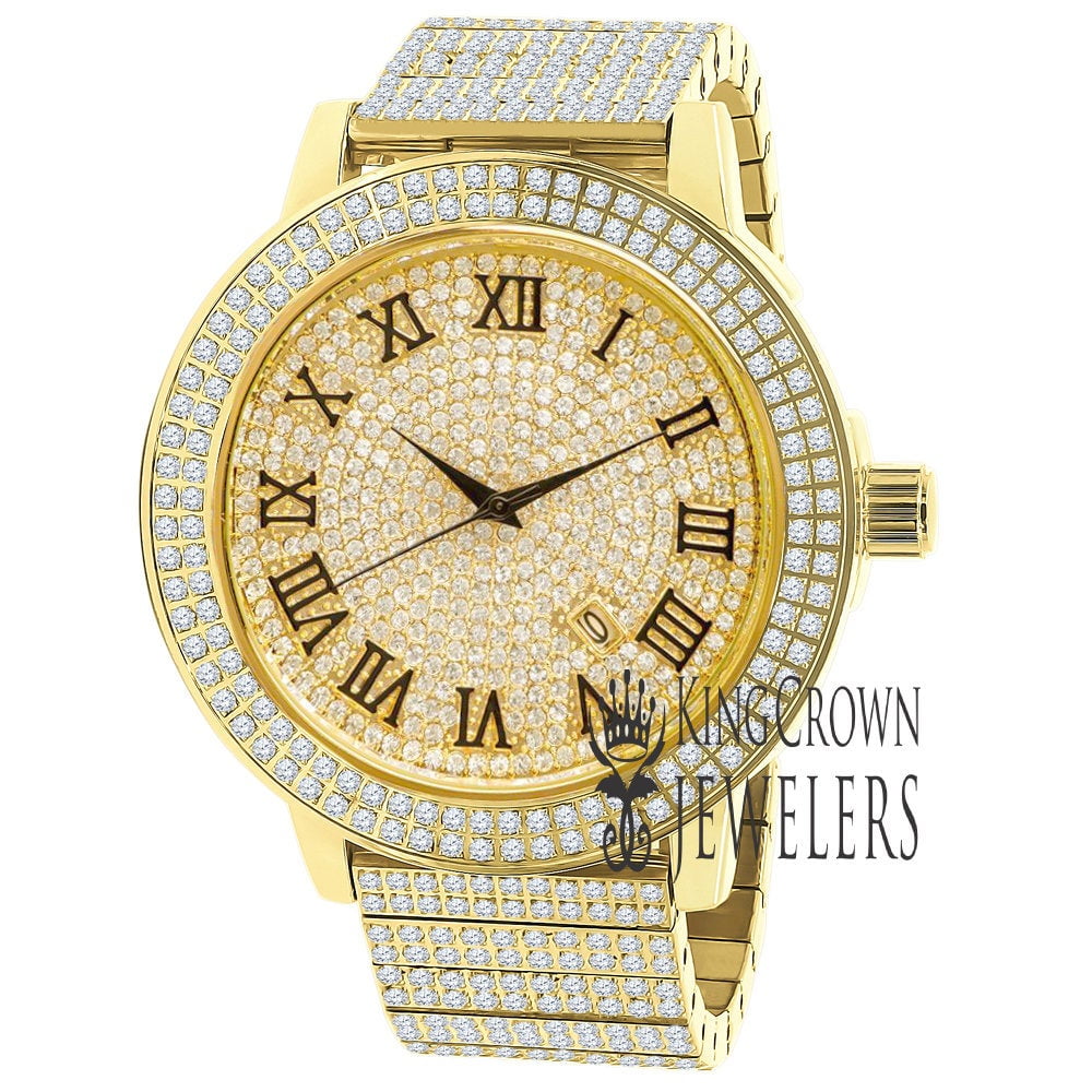 Roman Numeral Dial Full Stainless Steel 18K Gold Finish Simulated ...