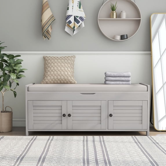 Roman Style Storage Bench, Gray Wash Entryway Bench with Cushion and ...