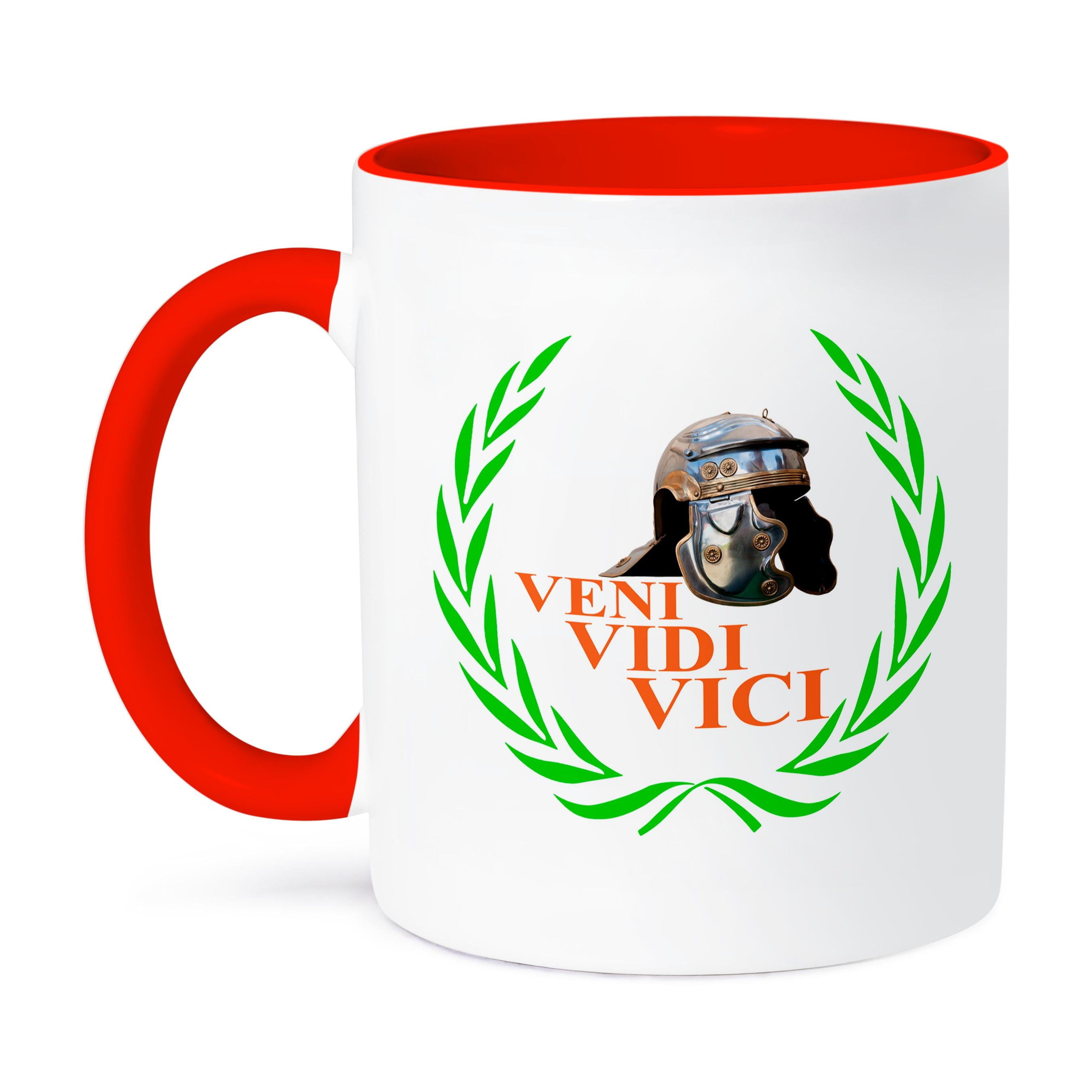 3dRose, Roman helmet, green laurel wrath, Veni, Vidi, Vici on white, 11oz Two-Tone Red Mug ...