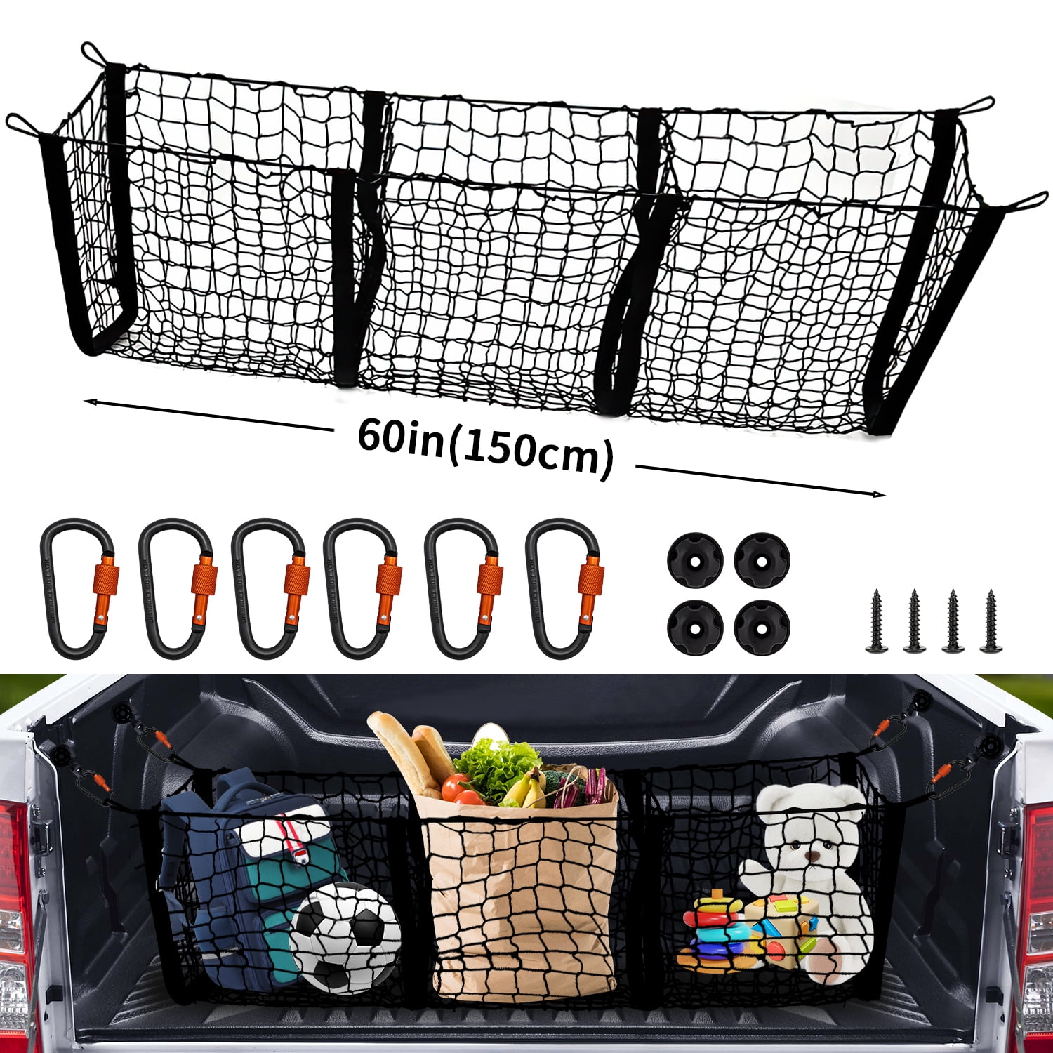 Romanda XL 60"L x 15.7"W x 15.7"H Cargo Net for Pickup Truck Bed, Three ...