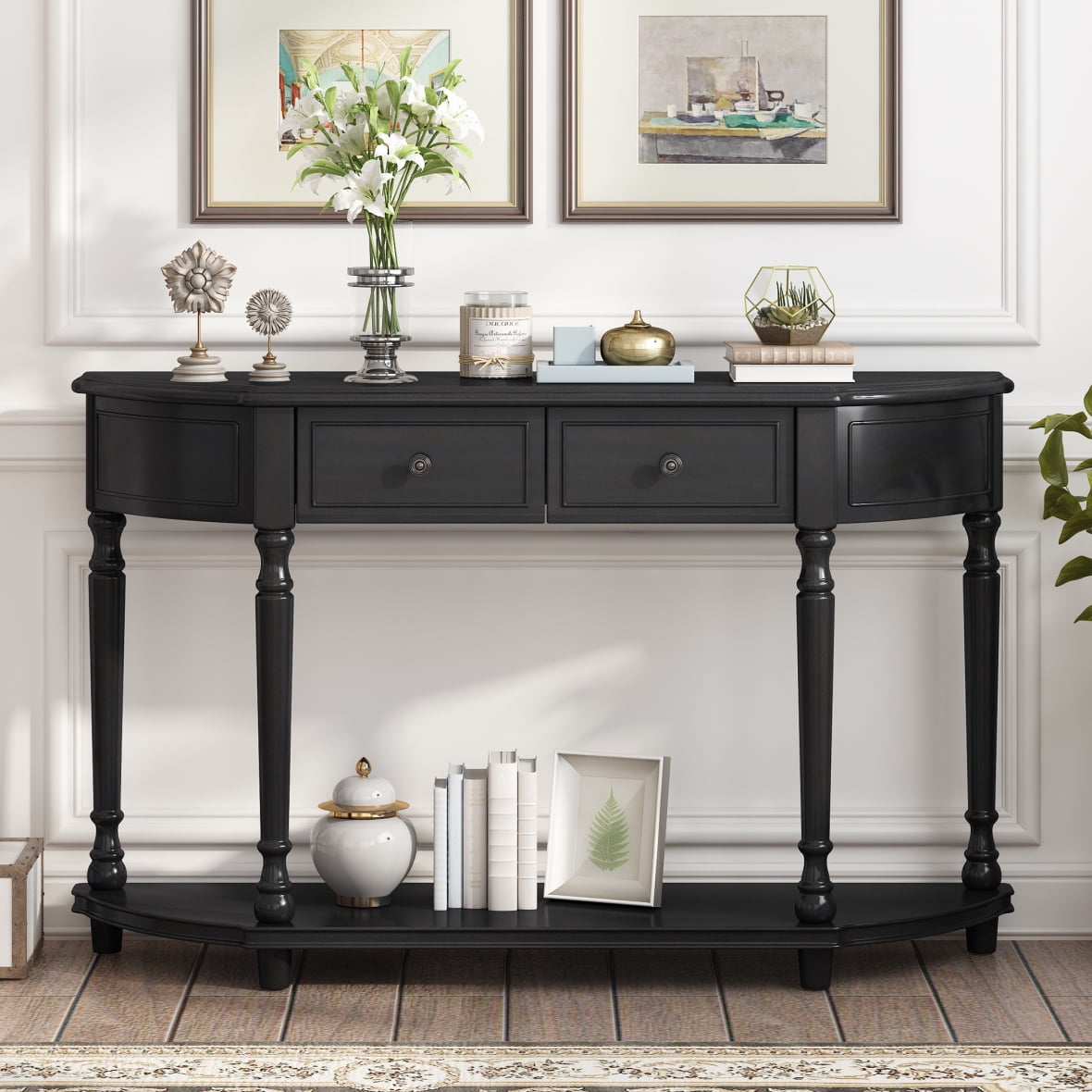 Romanesque Circular Curved Console Table with 2 Drawers, Storage ...
