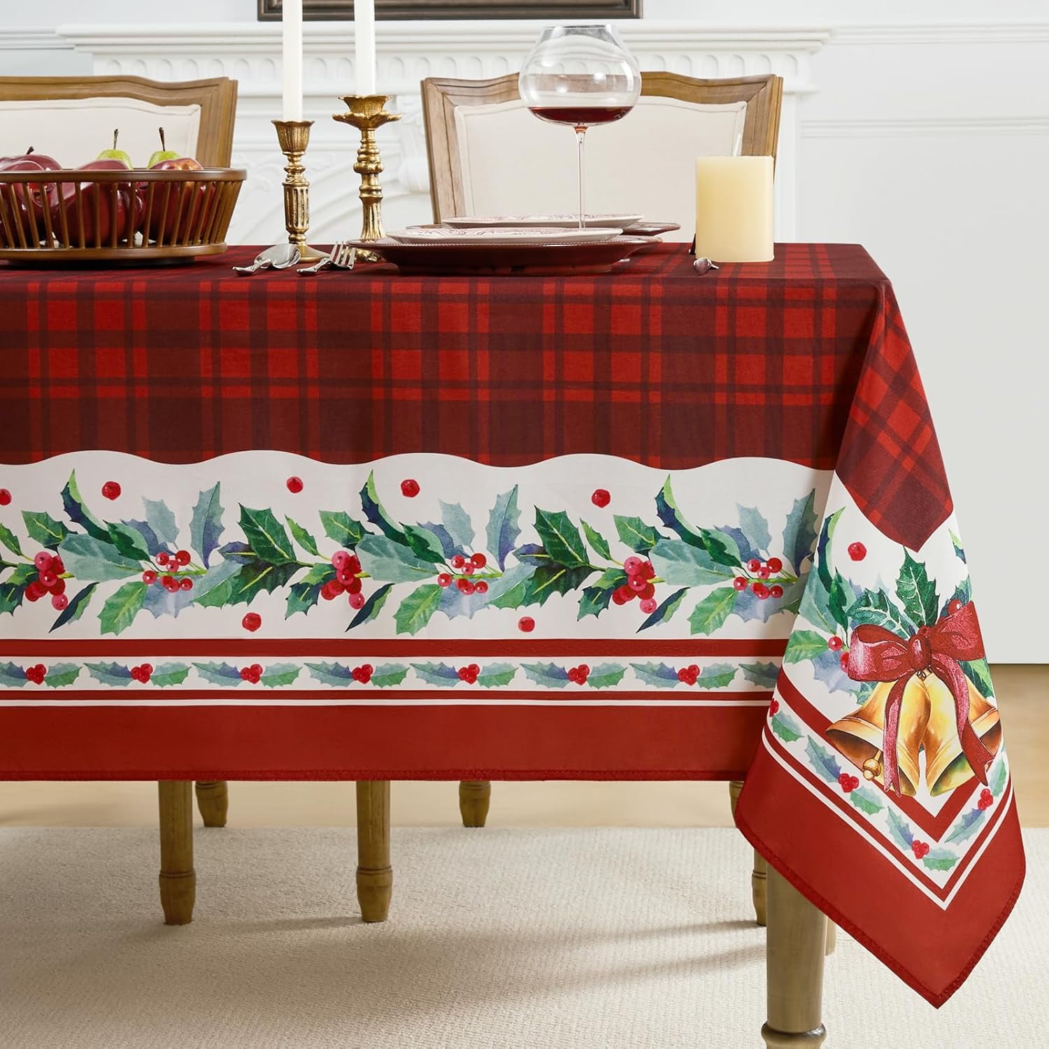 Romanstile Christmas Checkered Rectangle Tablecloth, Winter Holly Bell ...