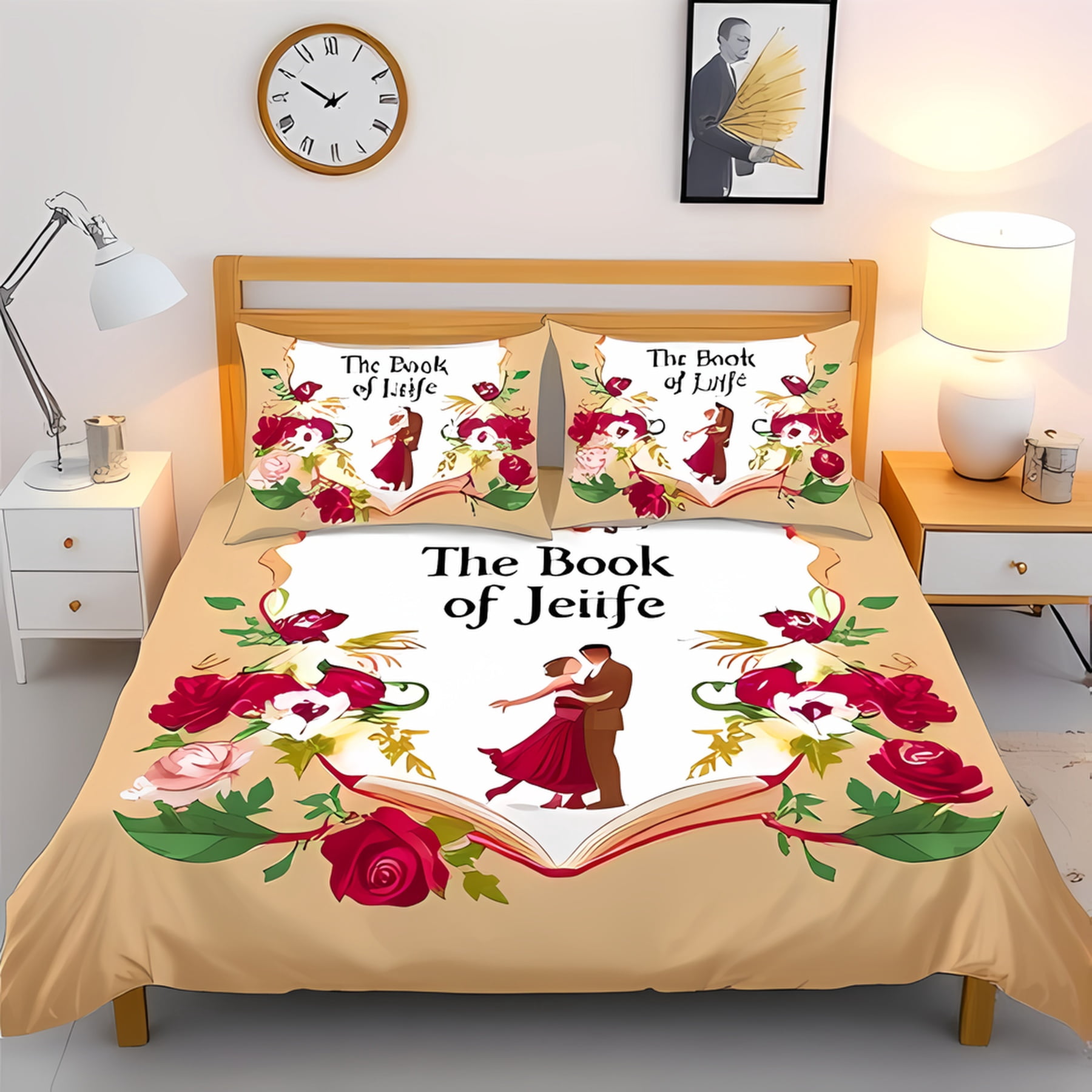 Romantic 3-Piece Duvet Cover & Pillowcase Set - Beige with Open Book ...