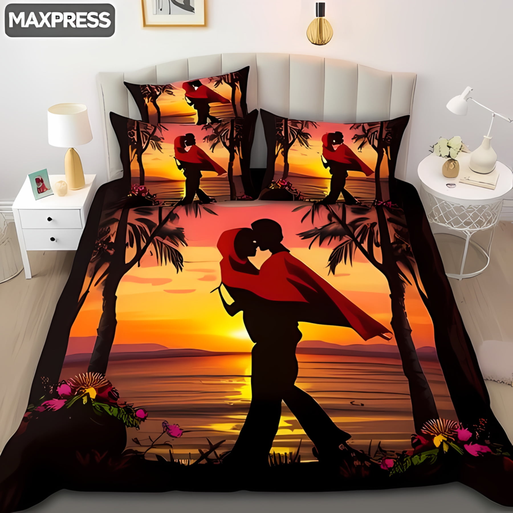 Romantic 3-Piece Duvet Cover Set - Sunset Beach Embrace Design with ...