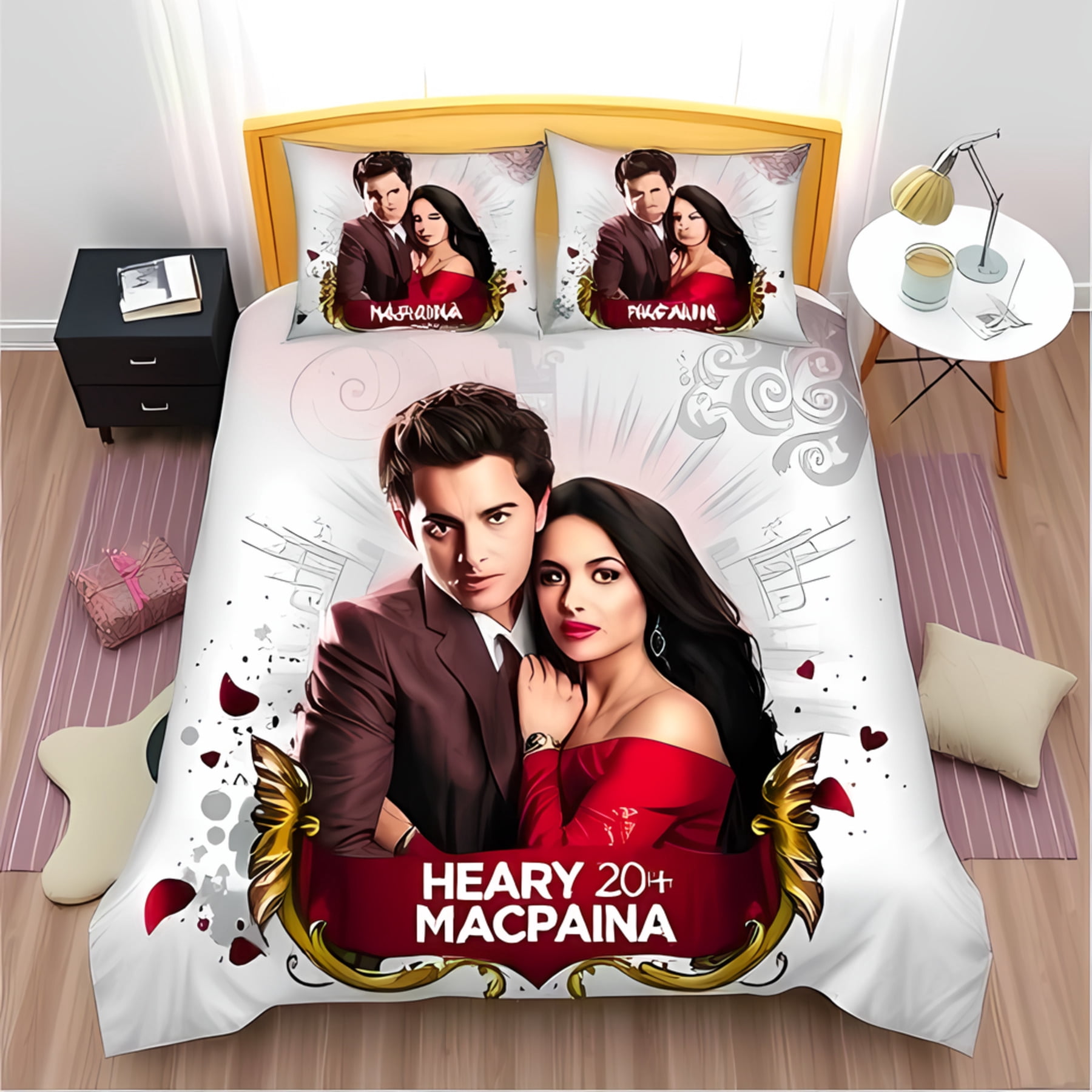 Romantic 3-Piece Duvet Cover Set with Couple Embrace Design & Heart ...