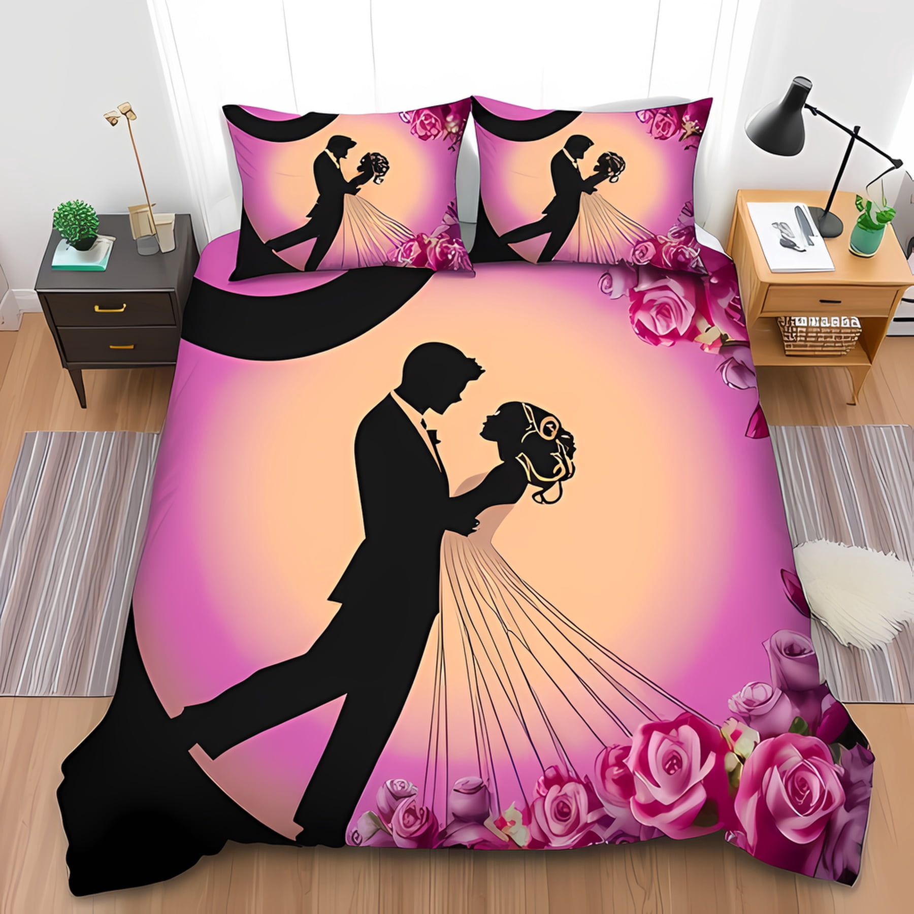 Romantic 3-Piece Duvet Cover and Pillowcase Set - Silhouetted Bride ...