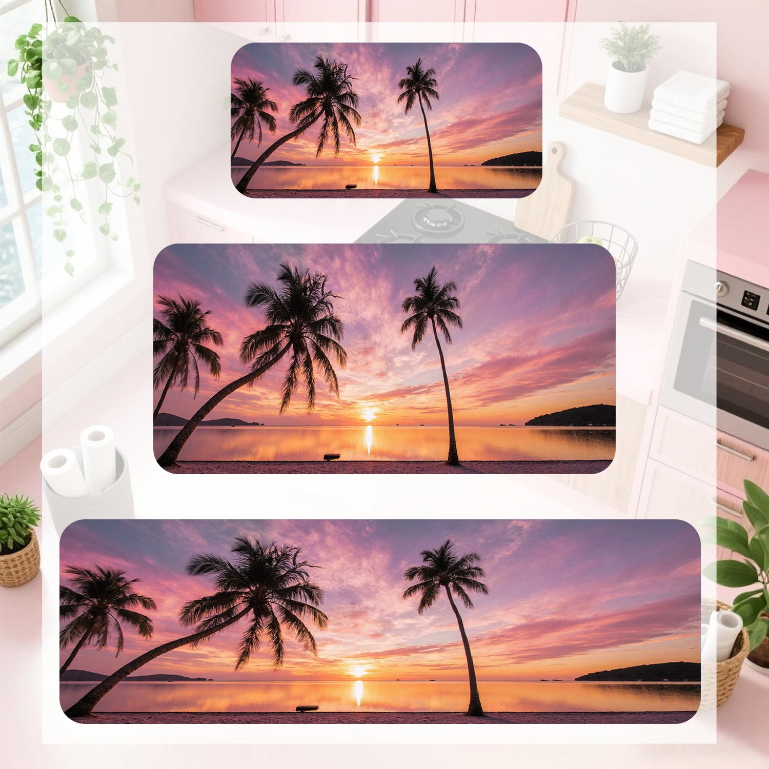 Romantic Beach Sunset Palm Tree Kitchen Rugs Set, 3-Piece Non-Skid ...