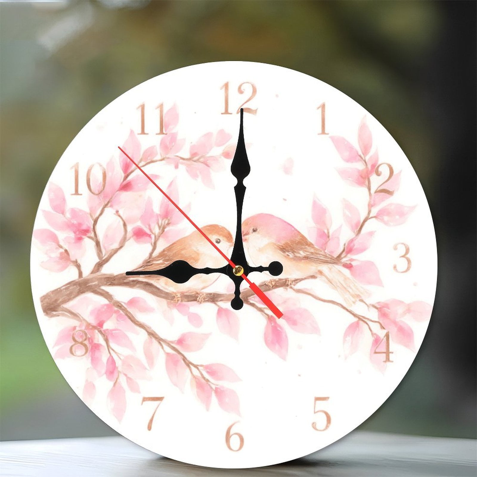 Romantic Birds Wall Clock Pink Blossom Floral Decor 10-Inch Silent ...