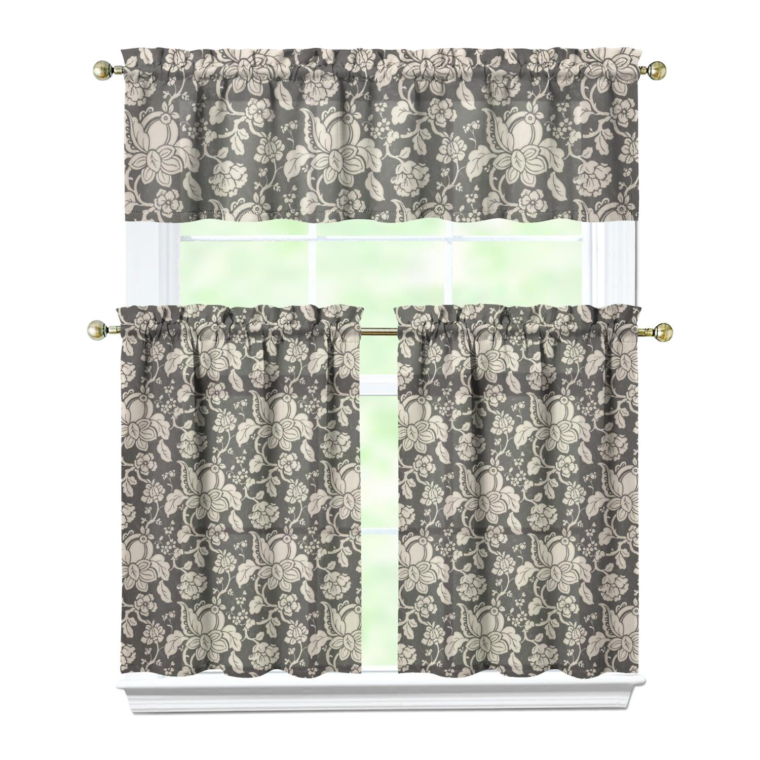 Romantic Bloom Kitchen Curtains Set of 3 with Valance and Tier Panels - Walmart.com